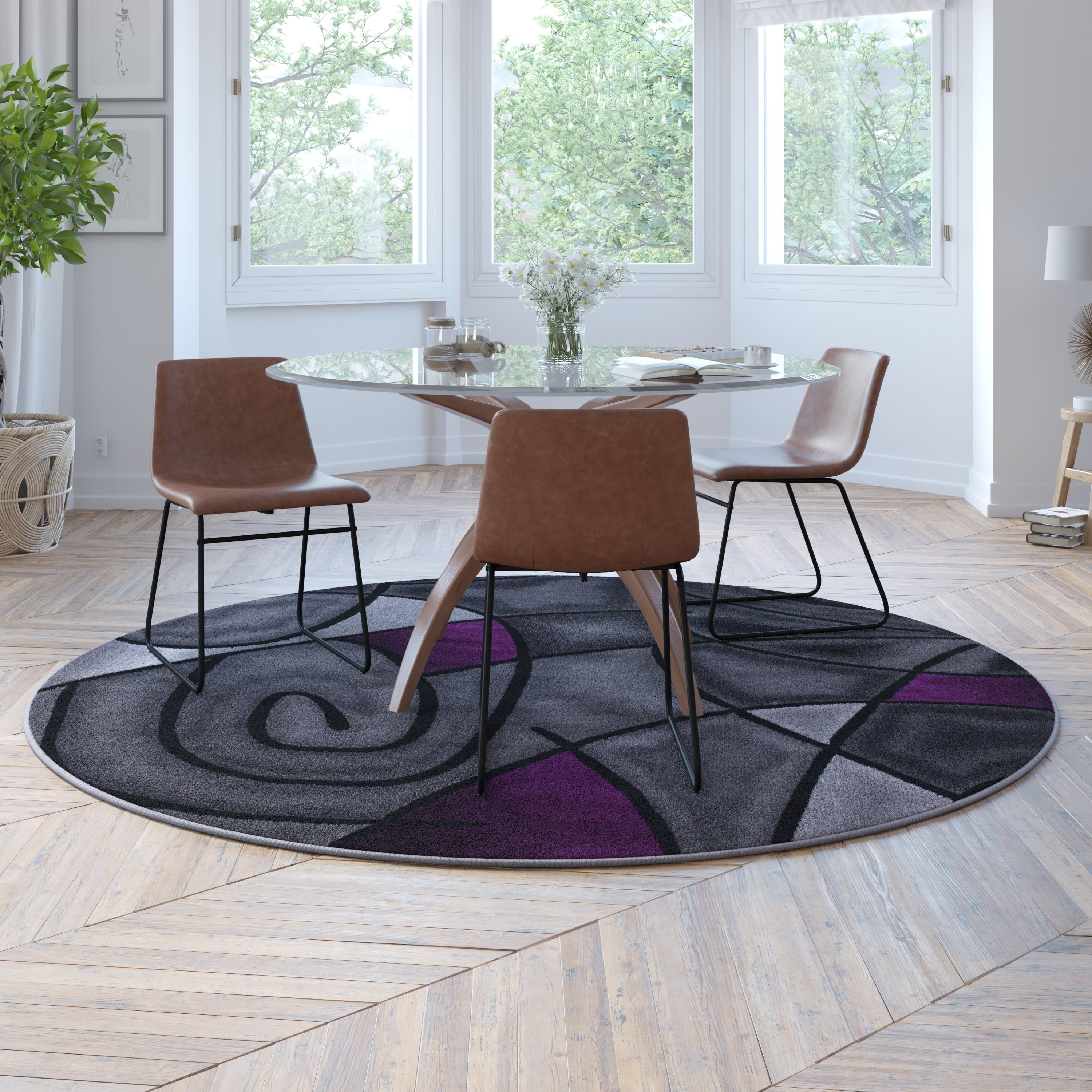 BizChair 7' x 7' Round Purple Abstract Area Rug - Olefin Rug with Jute ...