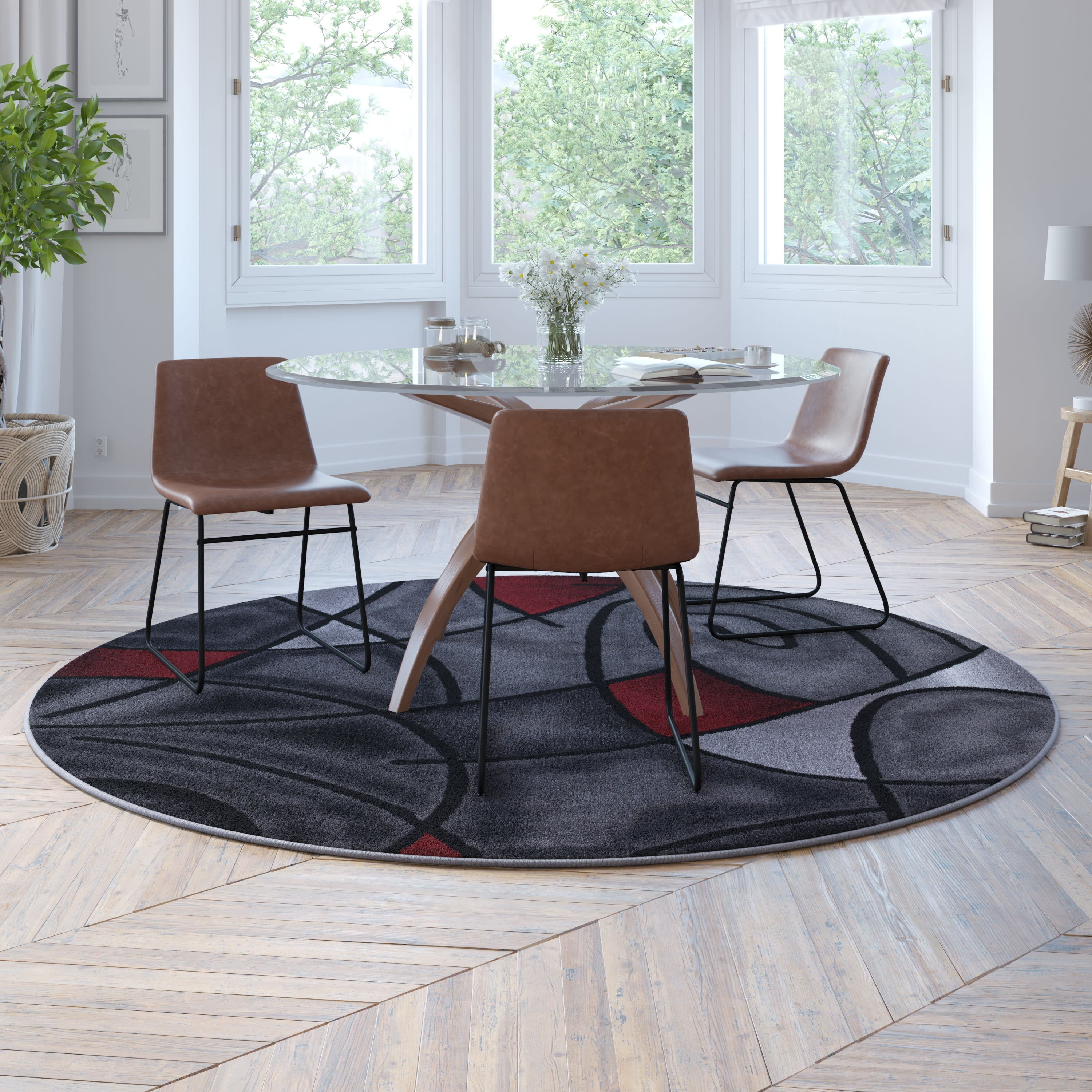 BizChair 7' x 7' Round Red Abstract Area Rug - Olefin Rug with Jute ...