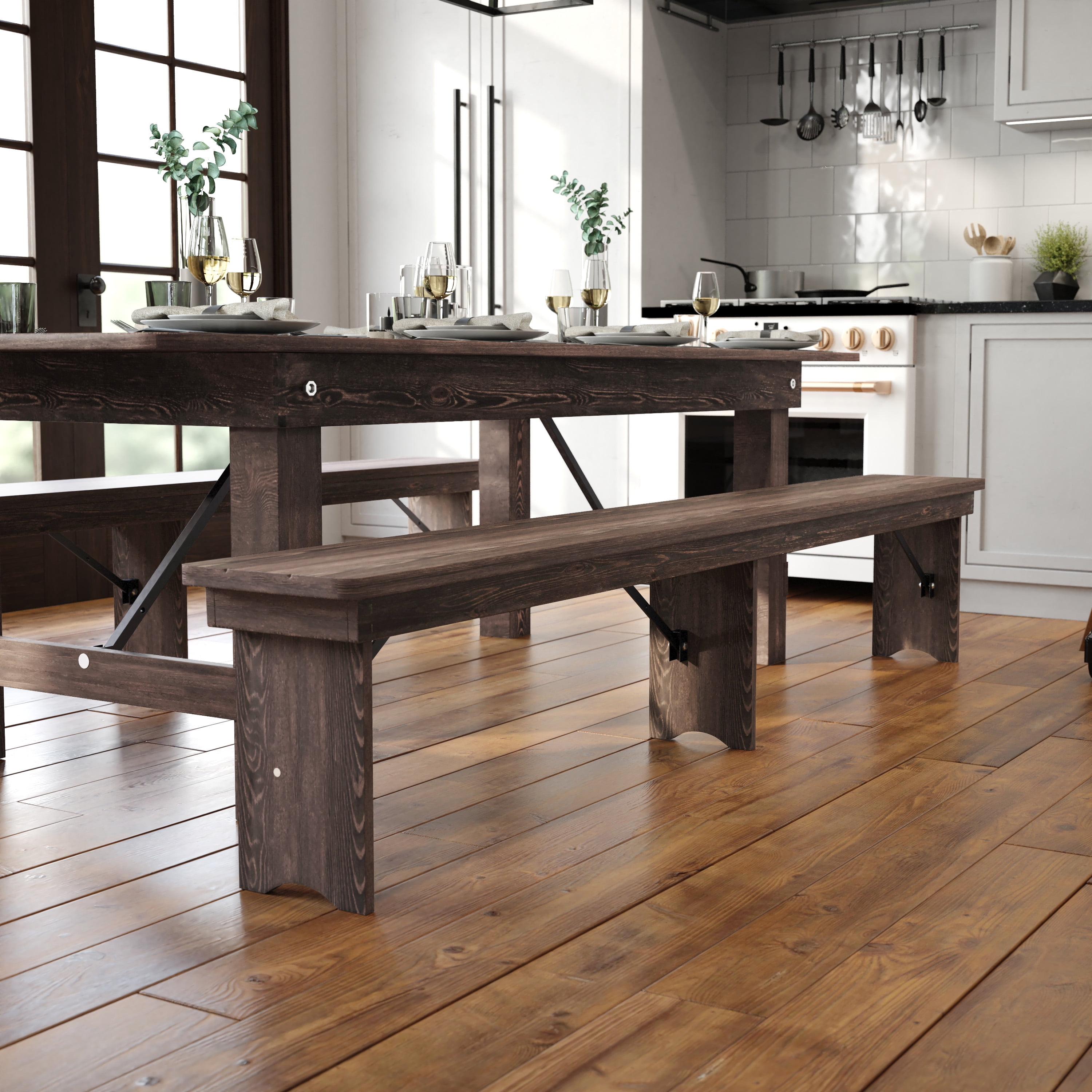 BizChair 8' x 12" Antique Rustic Mahogany Solid Pine Folding Farm Bench ...