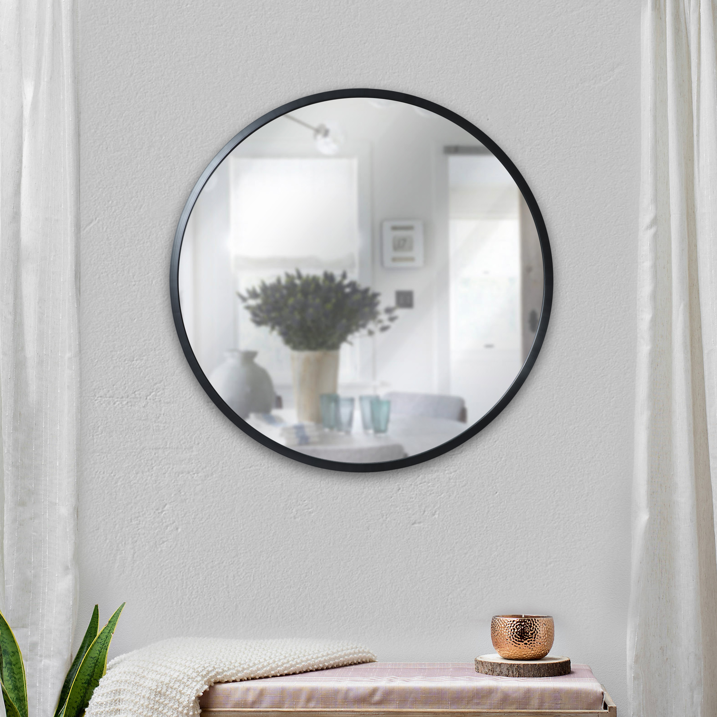 BizChair Black Circle Wall Mirror 20 Inch Round Wall Mirror for ...