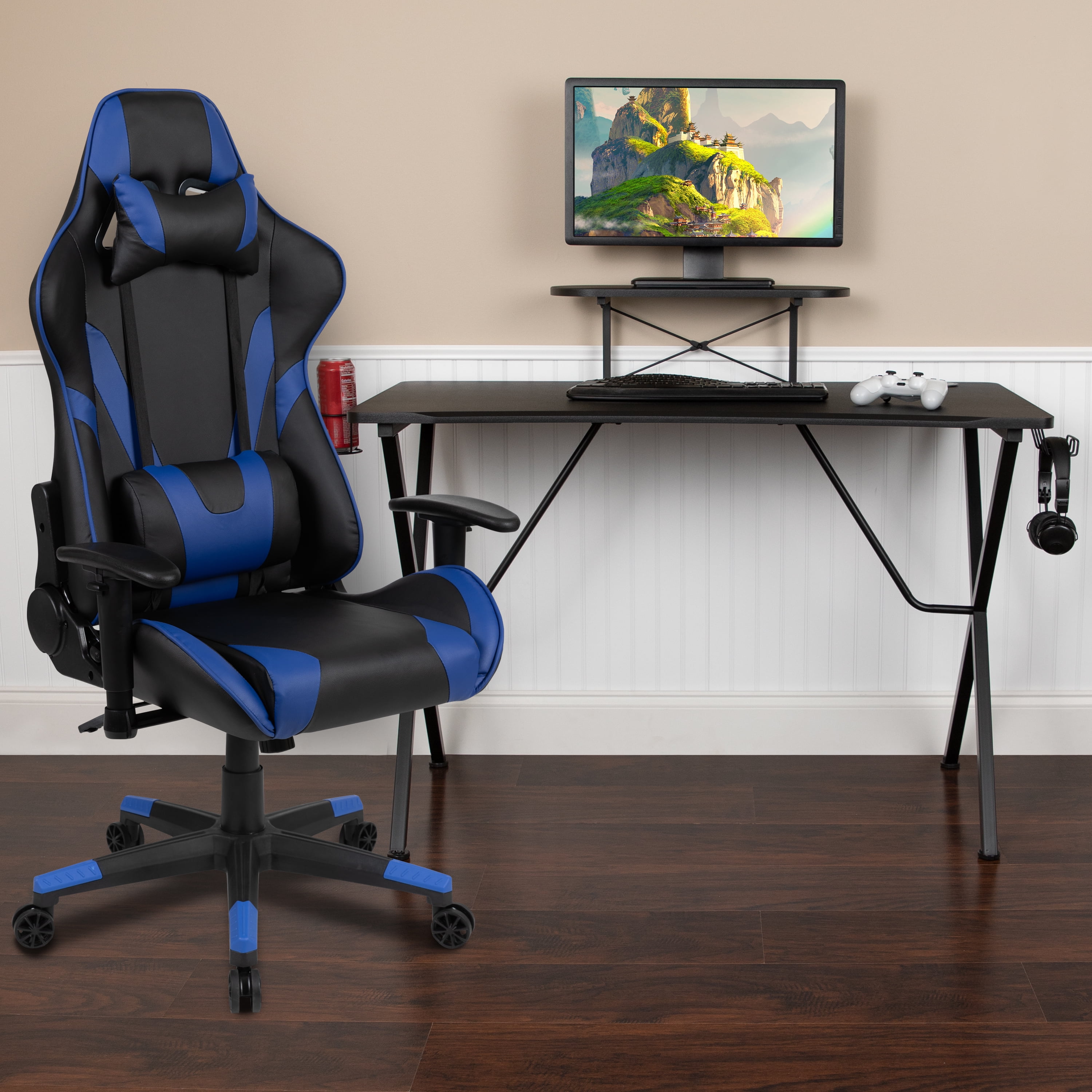BizChair Black Gaming Desk and Blue Reclining Gaming Chair Set with Cup ...