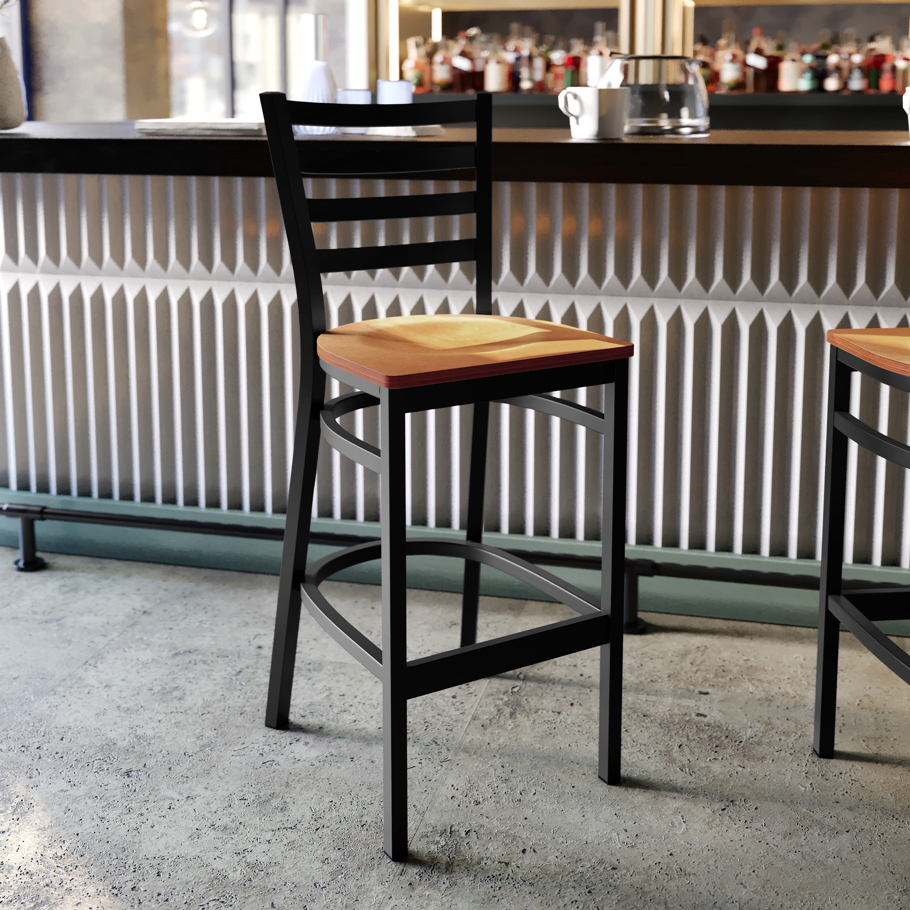 BizChair Black Ladder Back Metal Restaurant Barstool - Natural Wood ...
