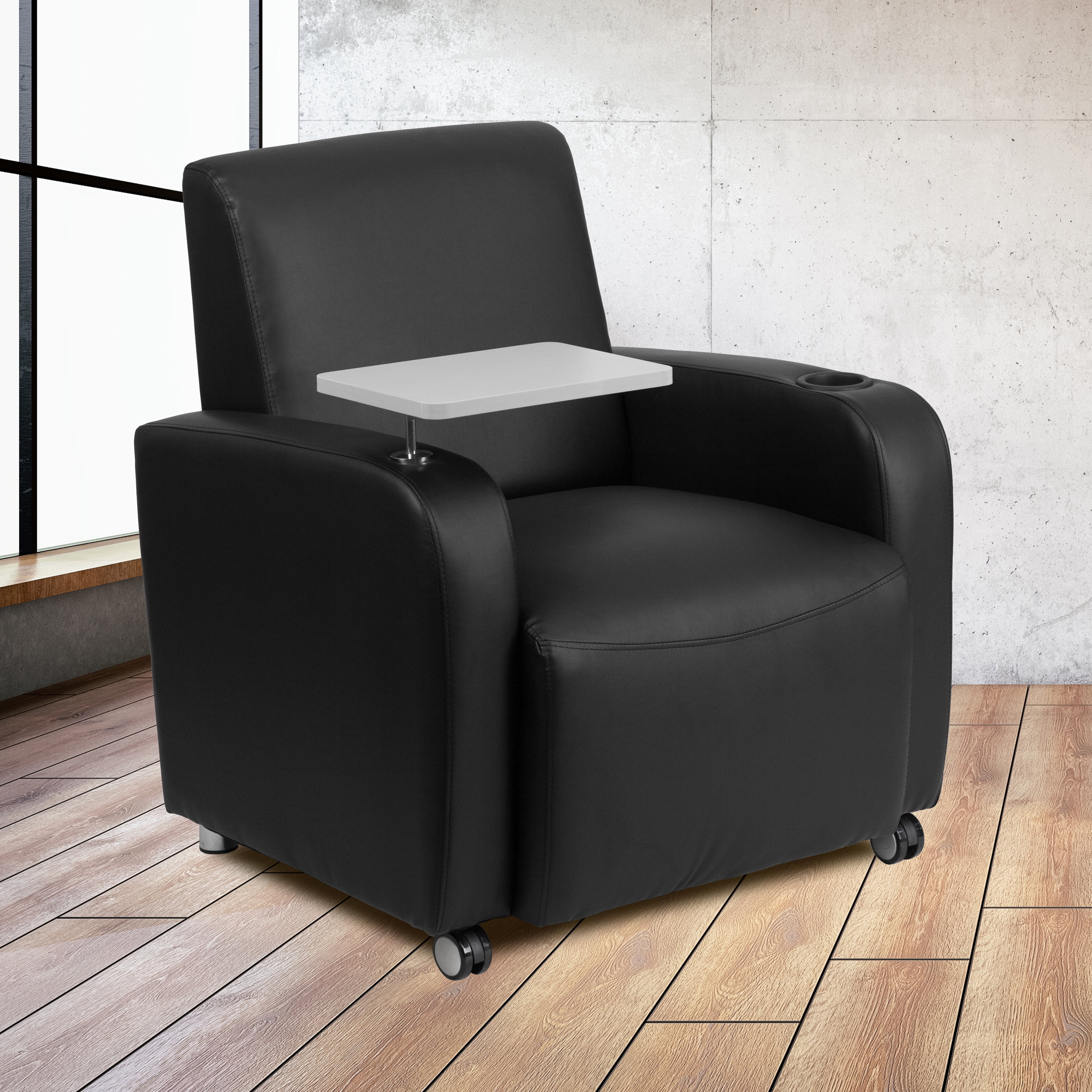 BizChair Black LeatherSoft Guest Chair with Tablet Arm, Casters and Cup ...