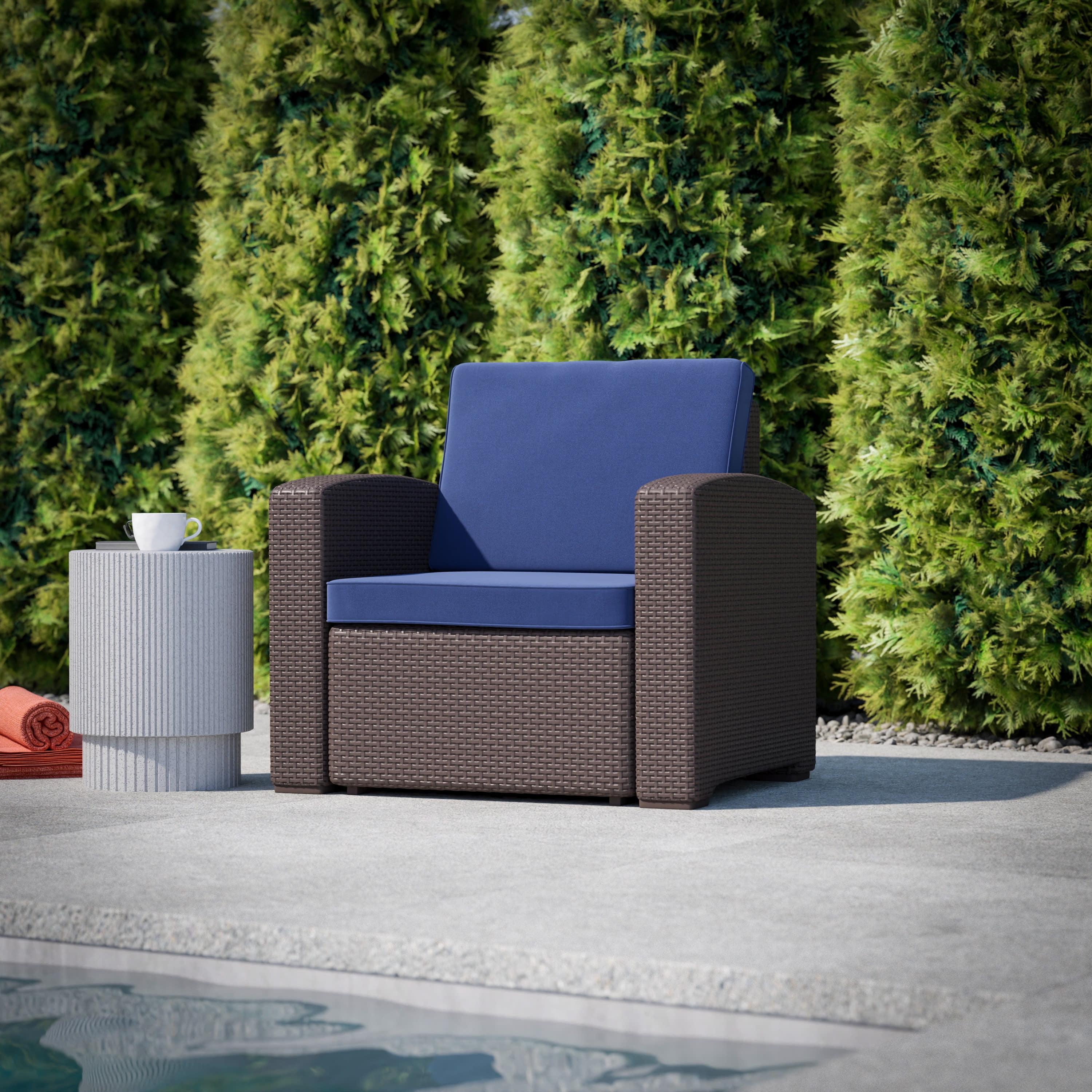 BizChair Brown Faux Rattan Chair with All-Weather Navy Cushion ...