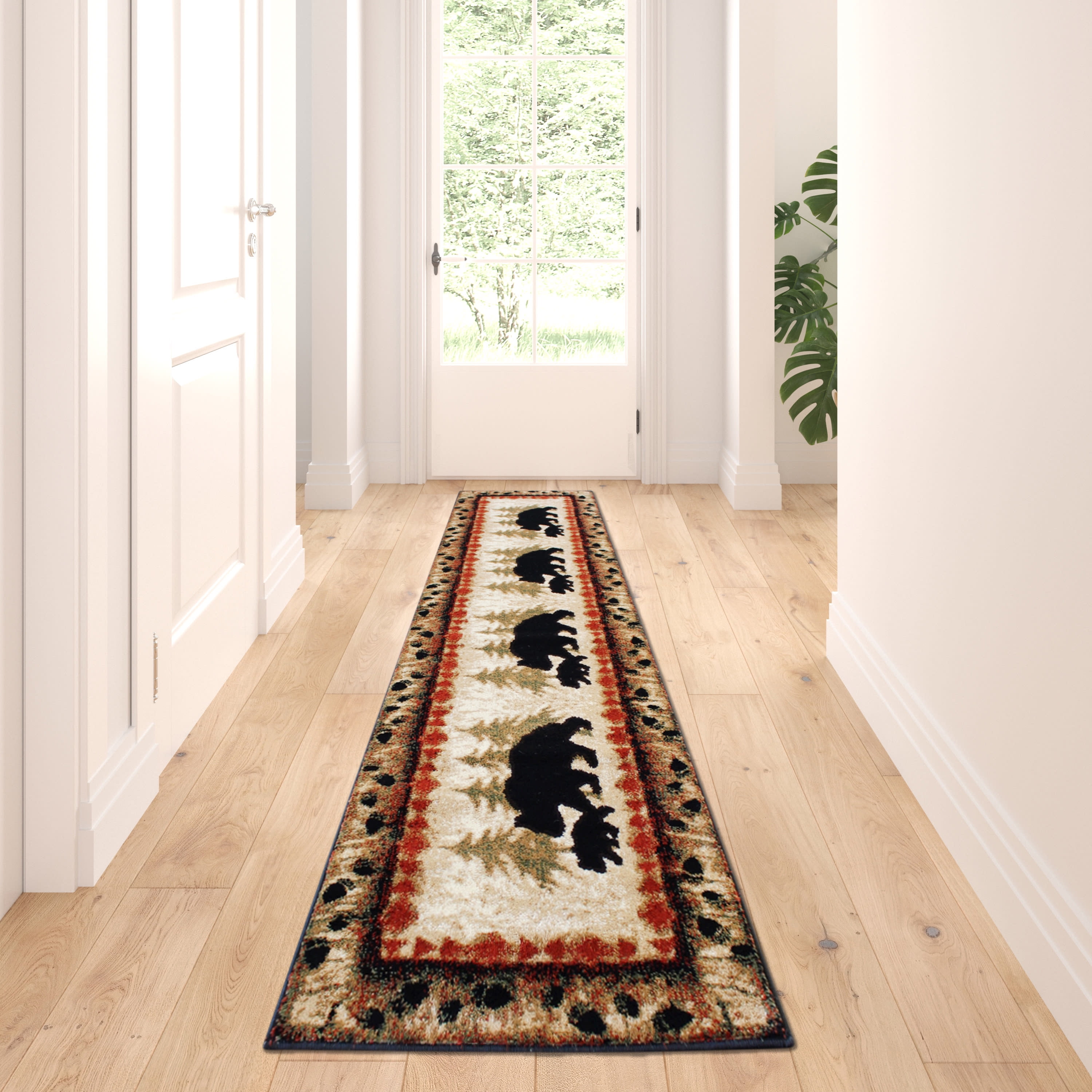 BizChair Rustic Cabin Lodge Runner Rug, Bear and Cub Scene, Beige Brown ...