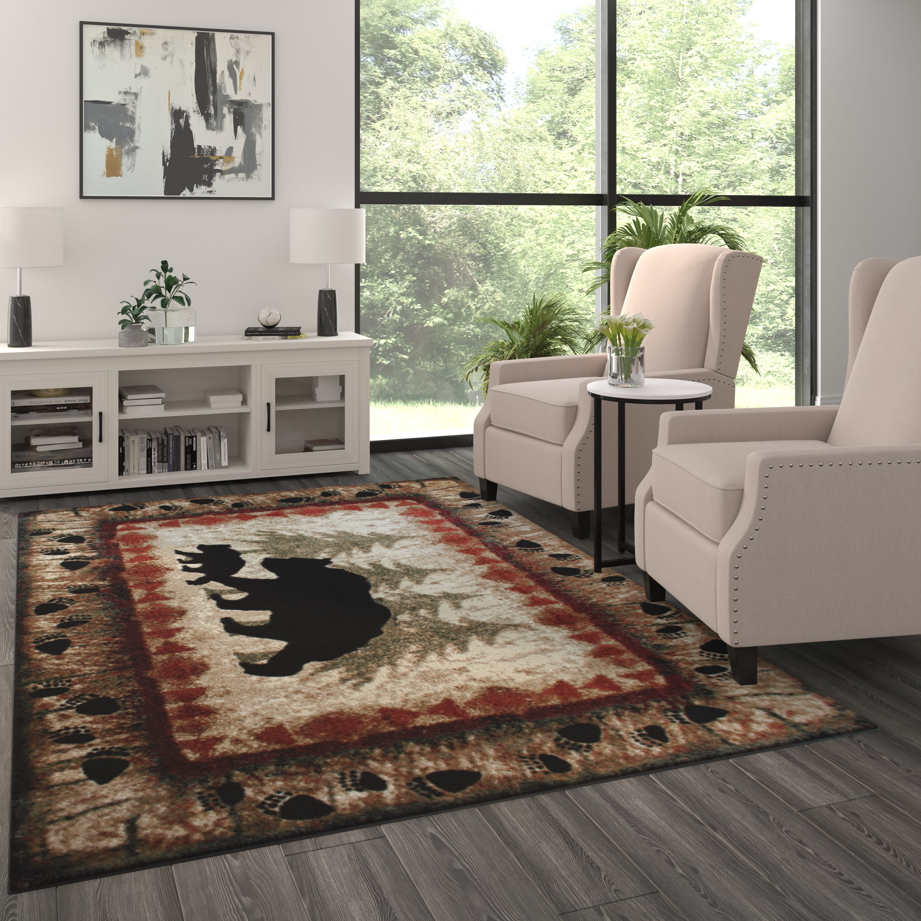 BizChair Rustic Wildlife Cabin Lodge Area Rug, Bear and Cub Scene, 6'x9 ...