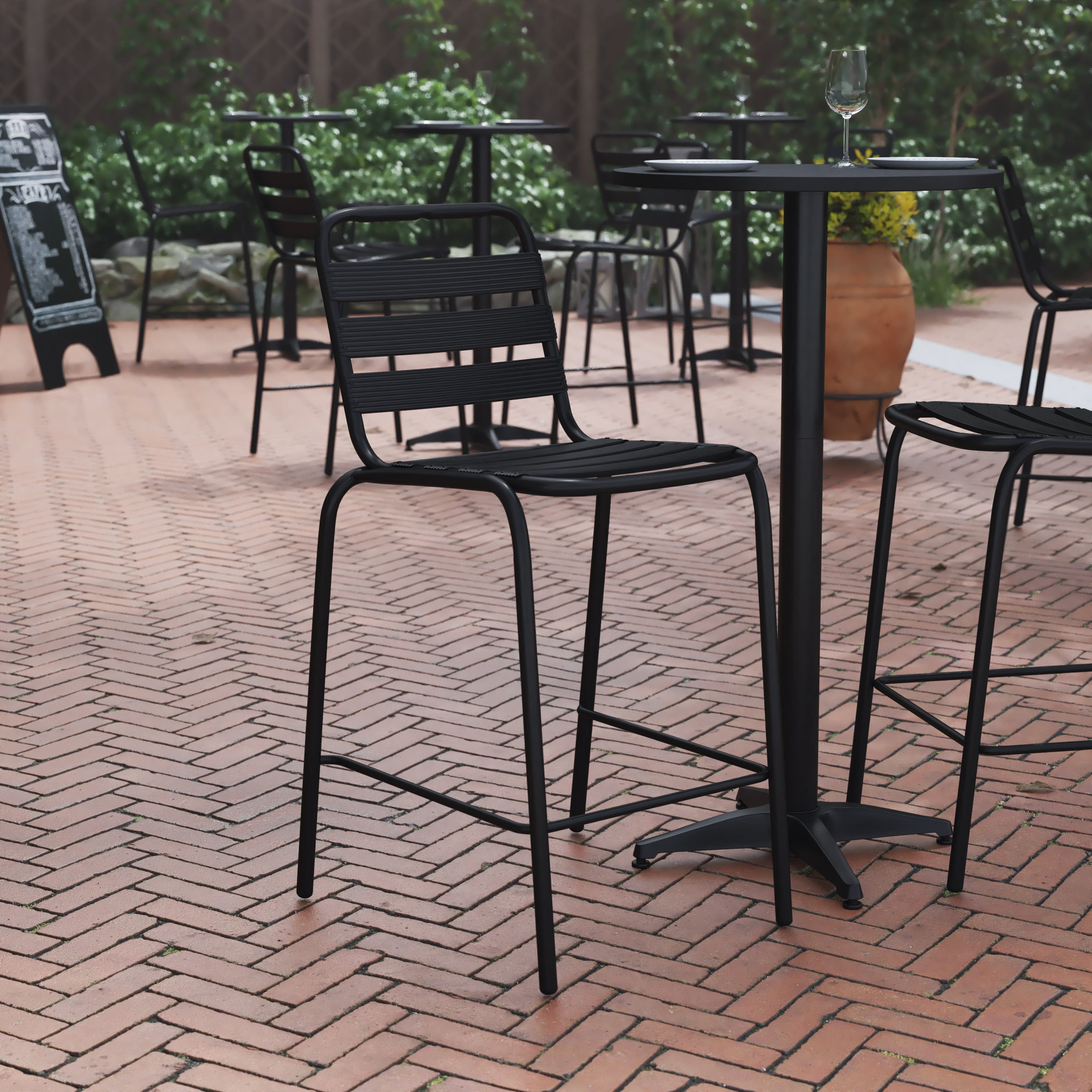 BizChair Stackable Black Metal Bar Stools, Indoor-Outdoor Restaurant ...