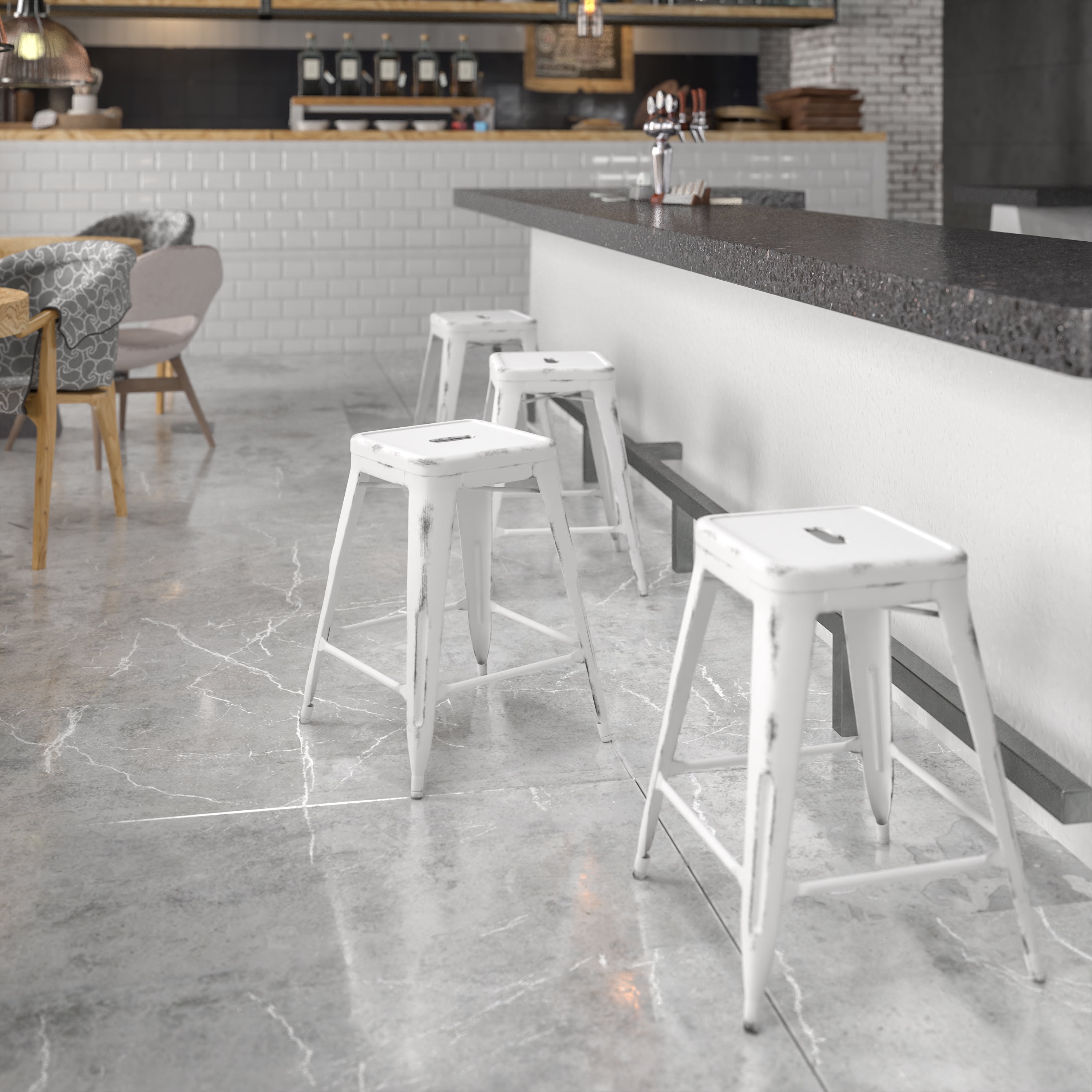 BizChair Commercial Grade 24" High Backless Distressed White Metal ...