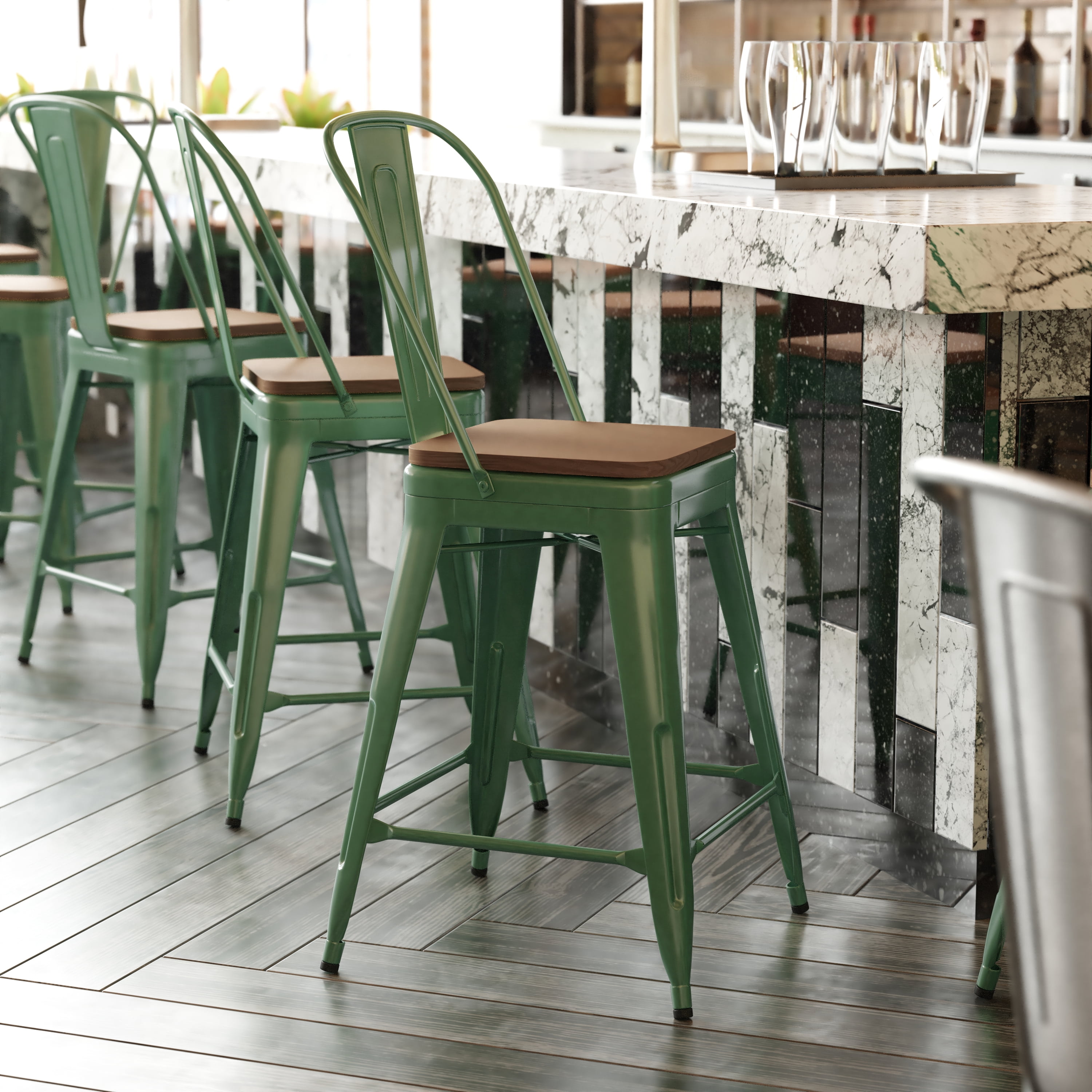 BizChair Commercial Grade 24" High Green Metal Indoor-Outdoor Counter ...