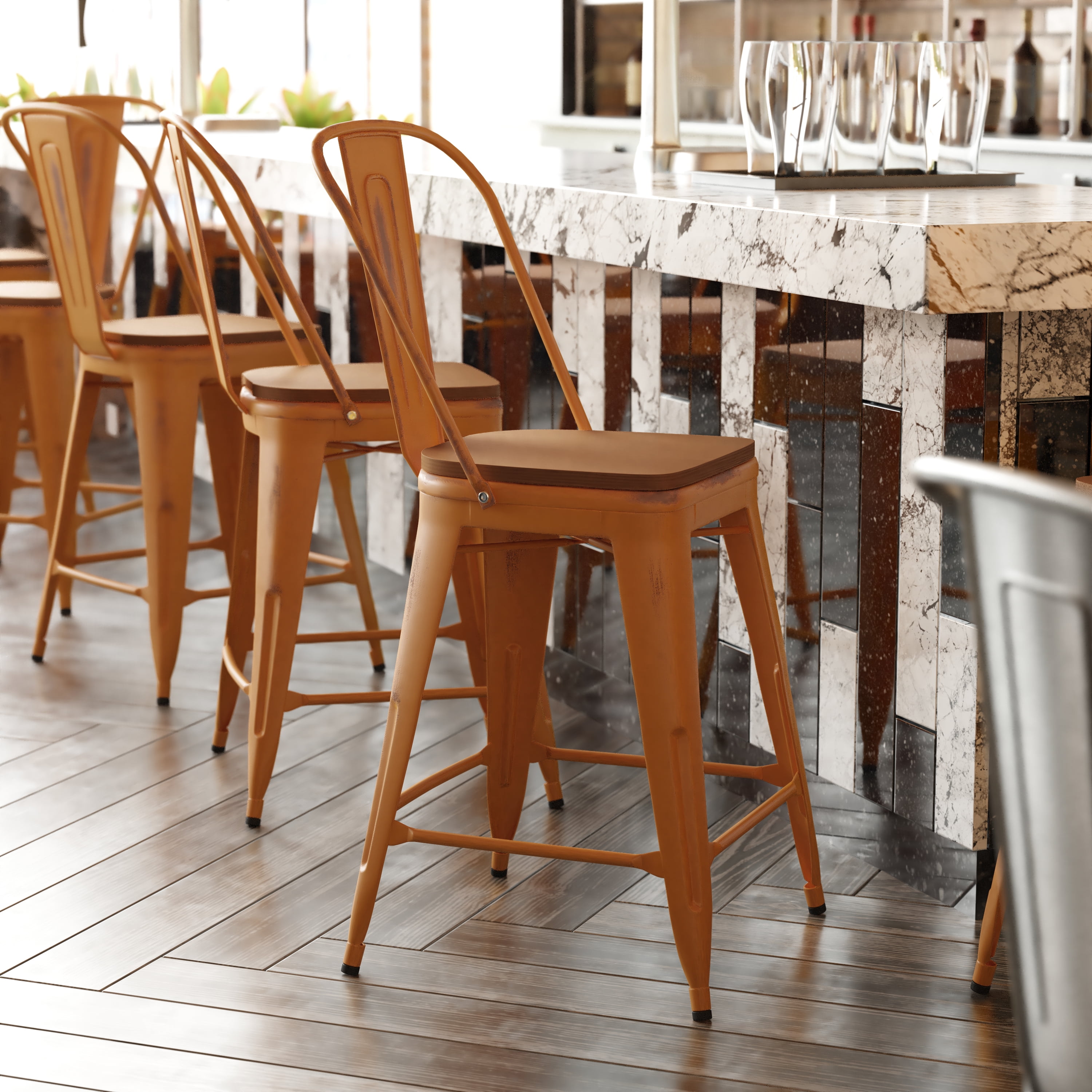 BizChair Commercial Grade 24" High Orange Metal Indoor-Outdoor Counter ...