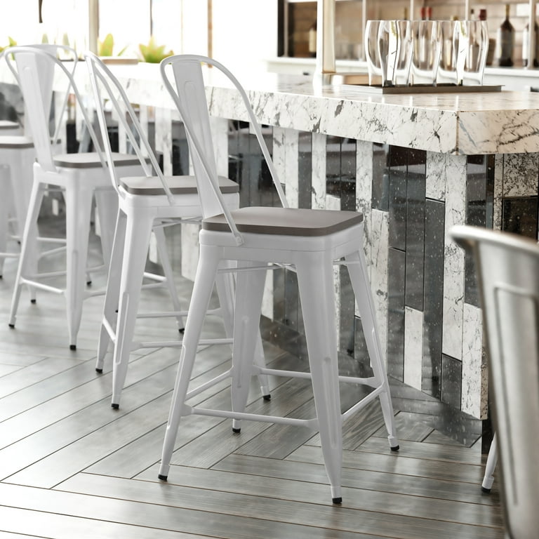 BizChair Commercial Grade 24 High White Metal Indoor Outdoor Counter Height Stool with Removable Back and Gray All Weather Poly Resin Seat Walmart