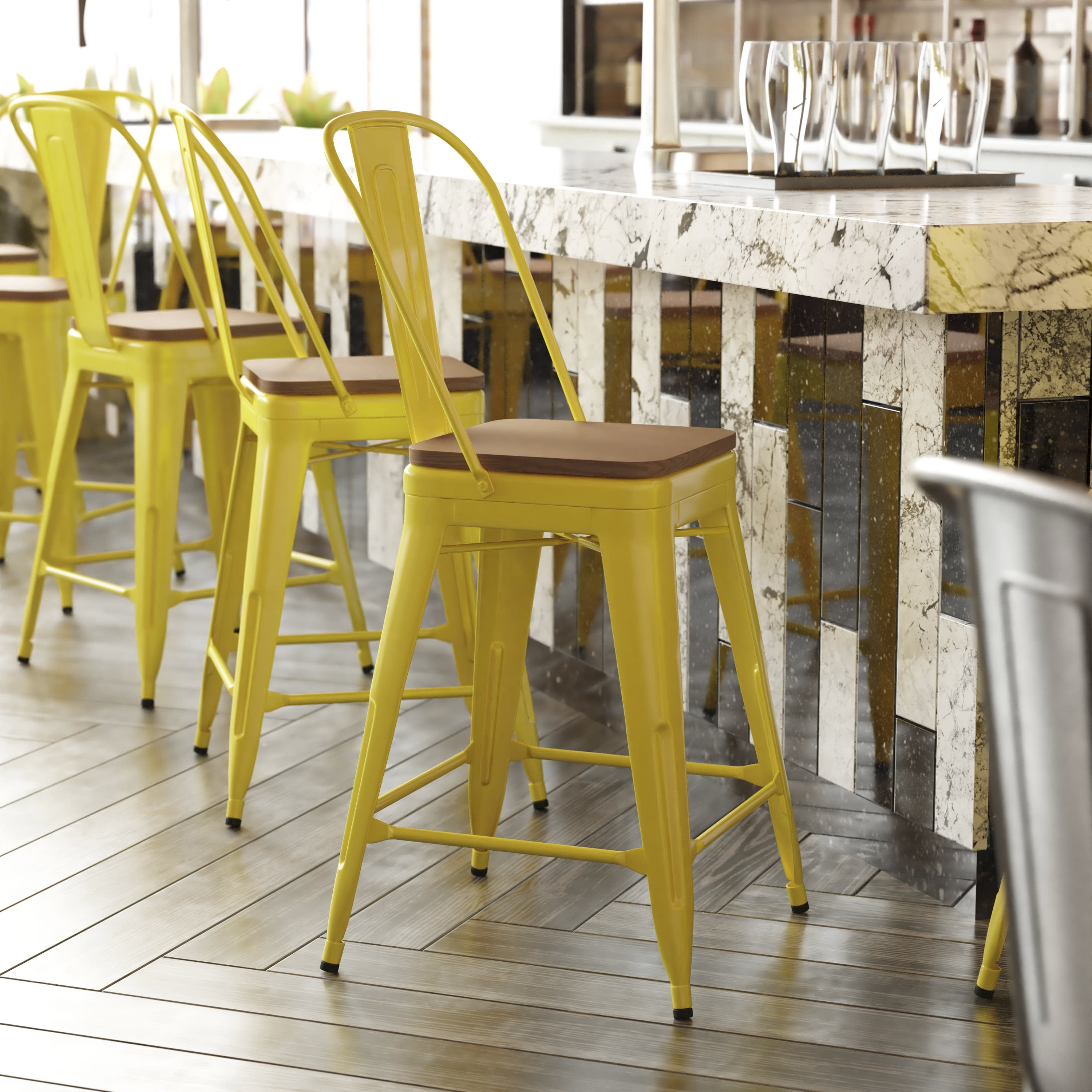 BizChair Commercial Grade 24" High Yellow Metal Indoor-Outdoor Counter ...