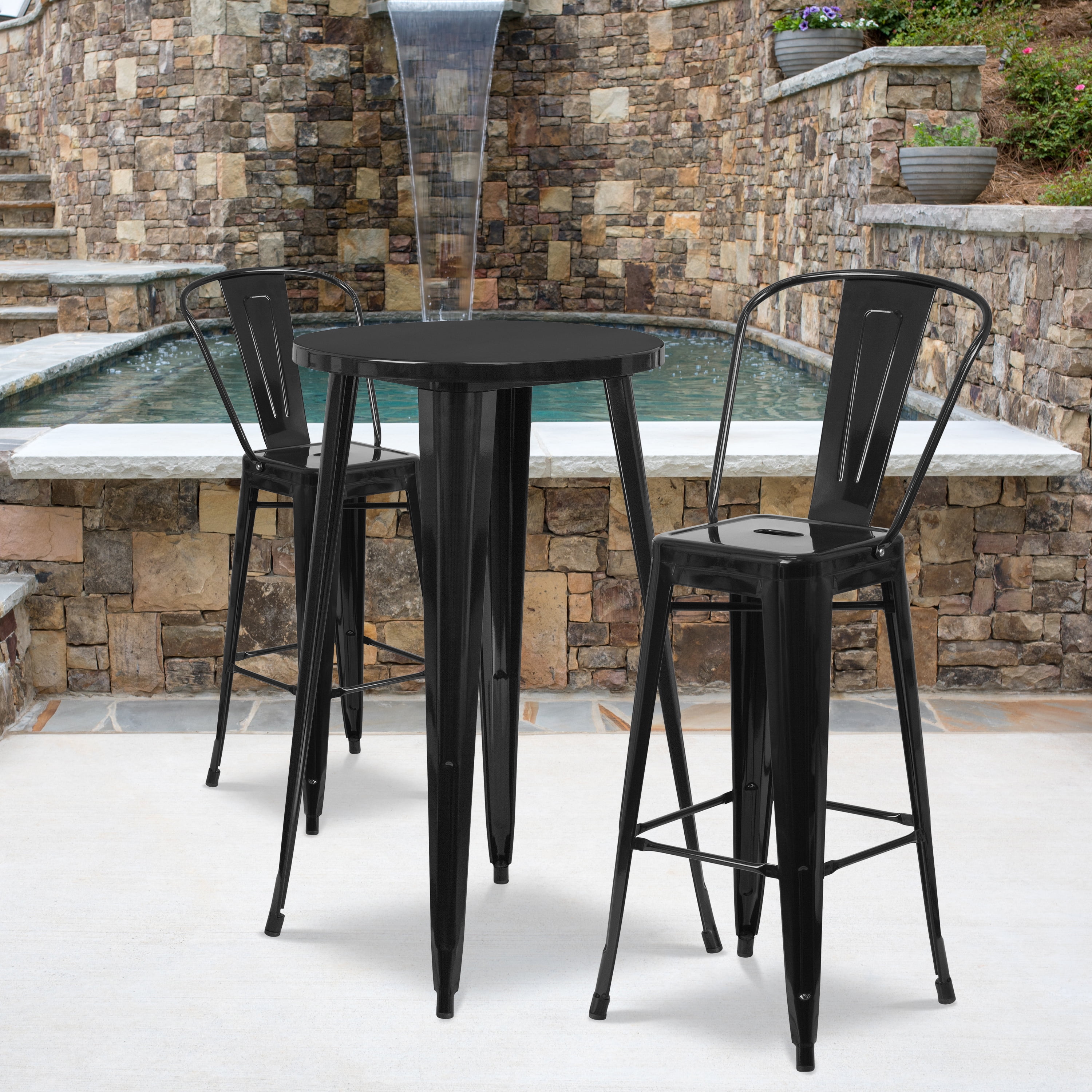 BizChair 24" Round Black Metal Bar Table Set with 2 Cafe Stools, Indoor ...