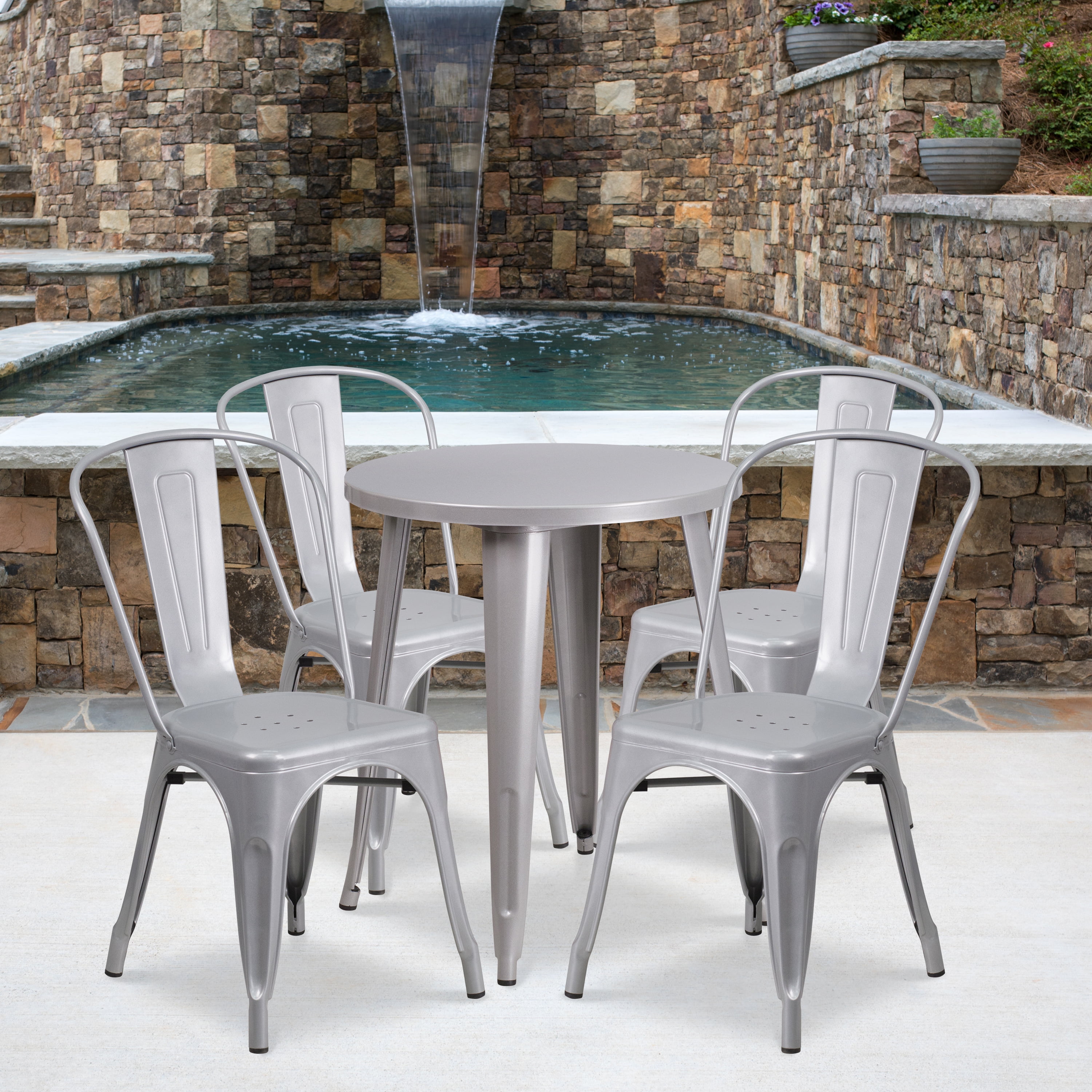 BizChair Commercial Grade 24" Round Silver Metal Indoor-Outdoor Table ...