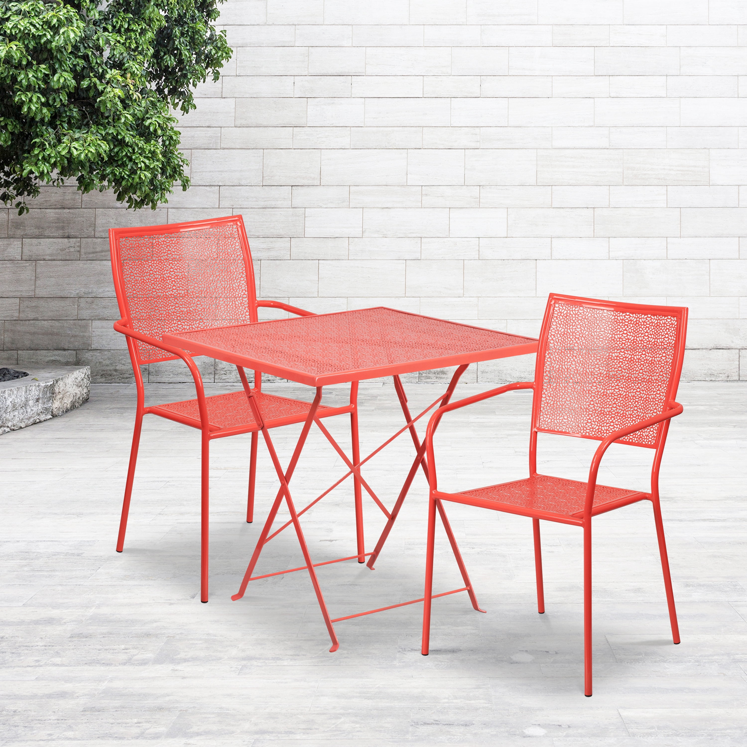BizChair Commercial Grade 28" Square Coral Indoor-Outdoor Steel Folding ...