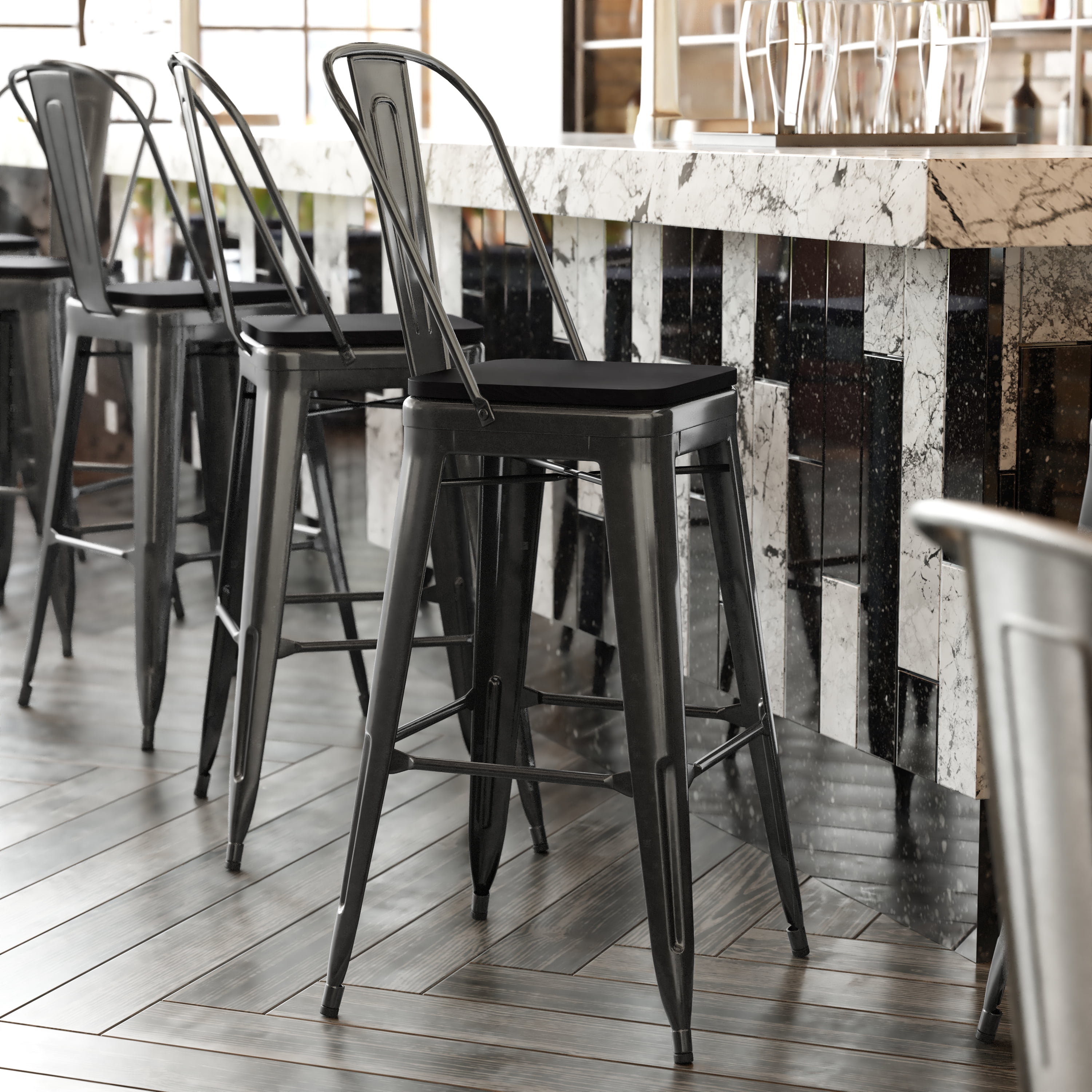 BizChair Commercial Grade 30" High Black Metal Outdoor Bar Stools with ...