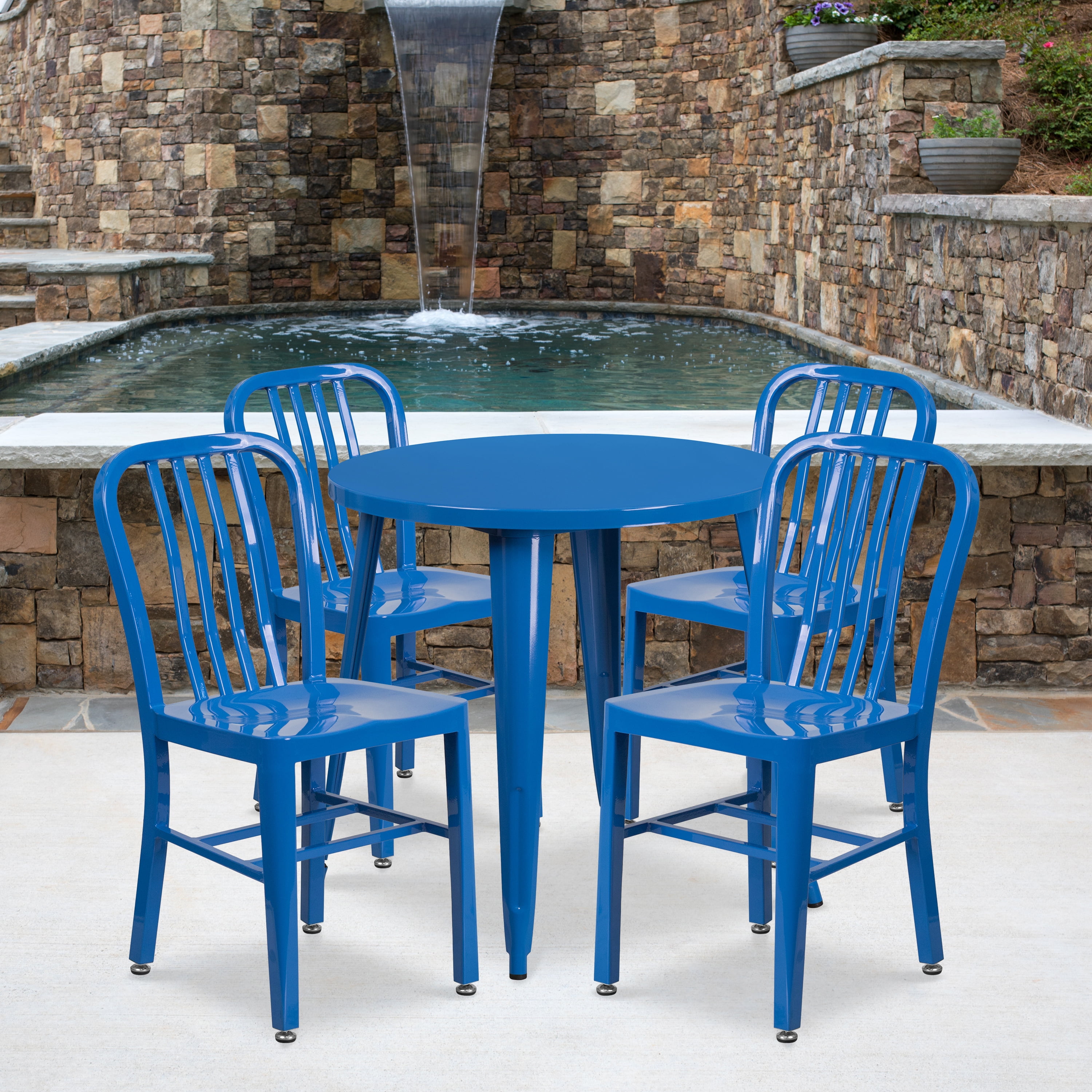 BizChair Commercial Grade 30" Round Blue Metal Indoor-Outdoor Table Set ...