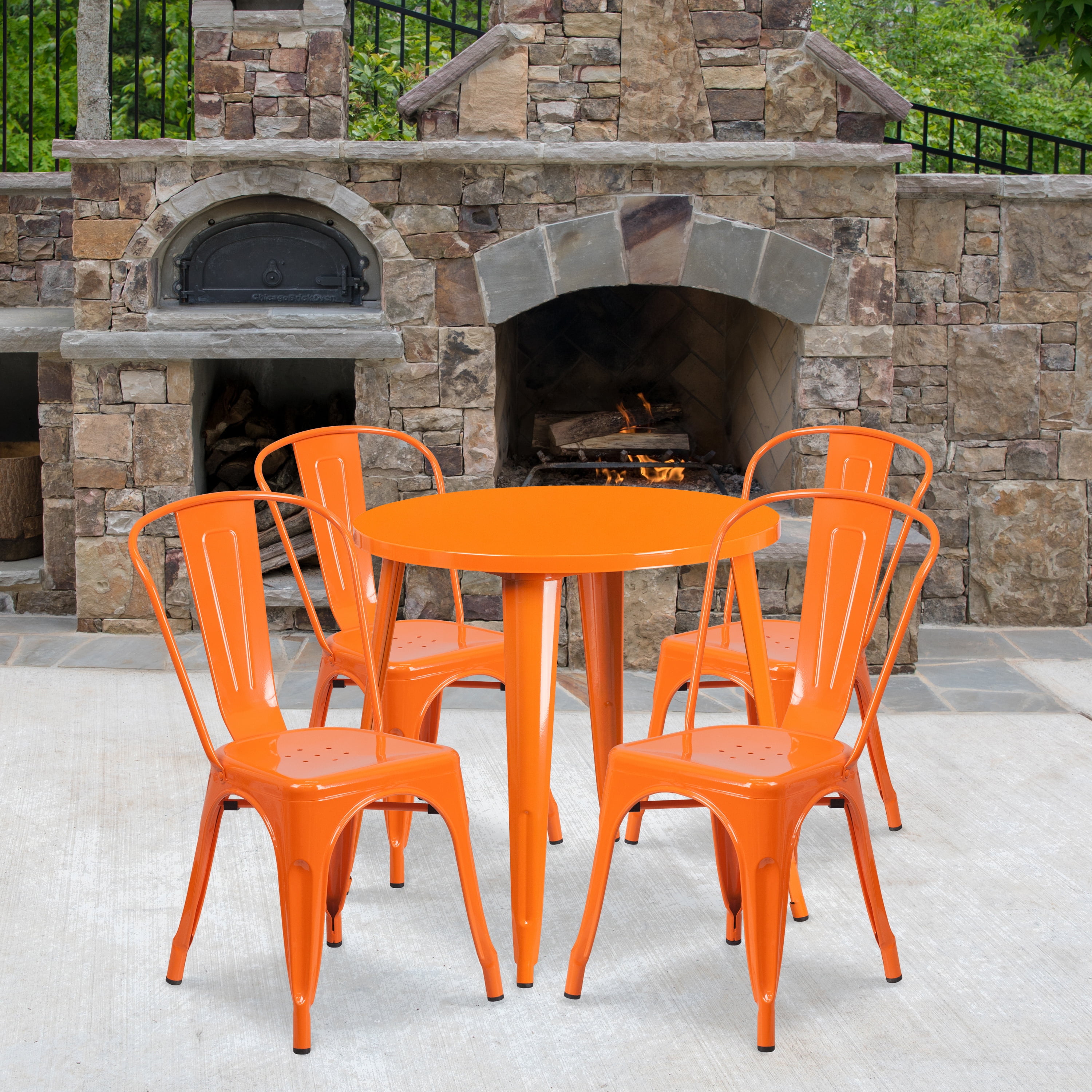 BizChair Commercial Grade 30" Round Orange Metal Indoor-Outdoor Table ...
