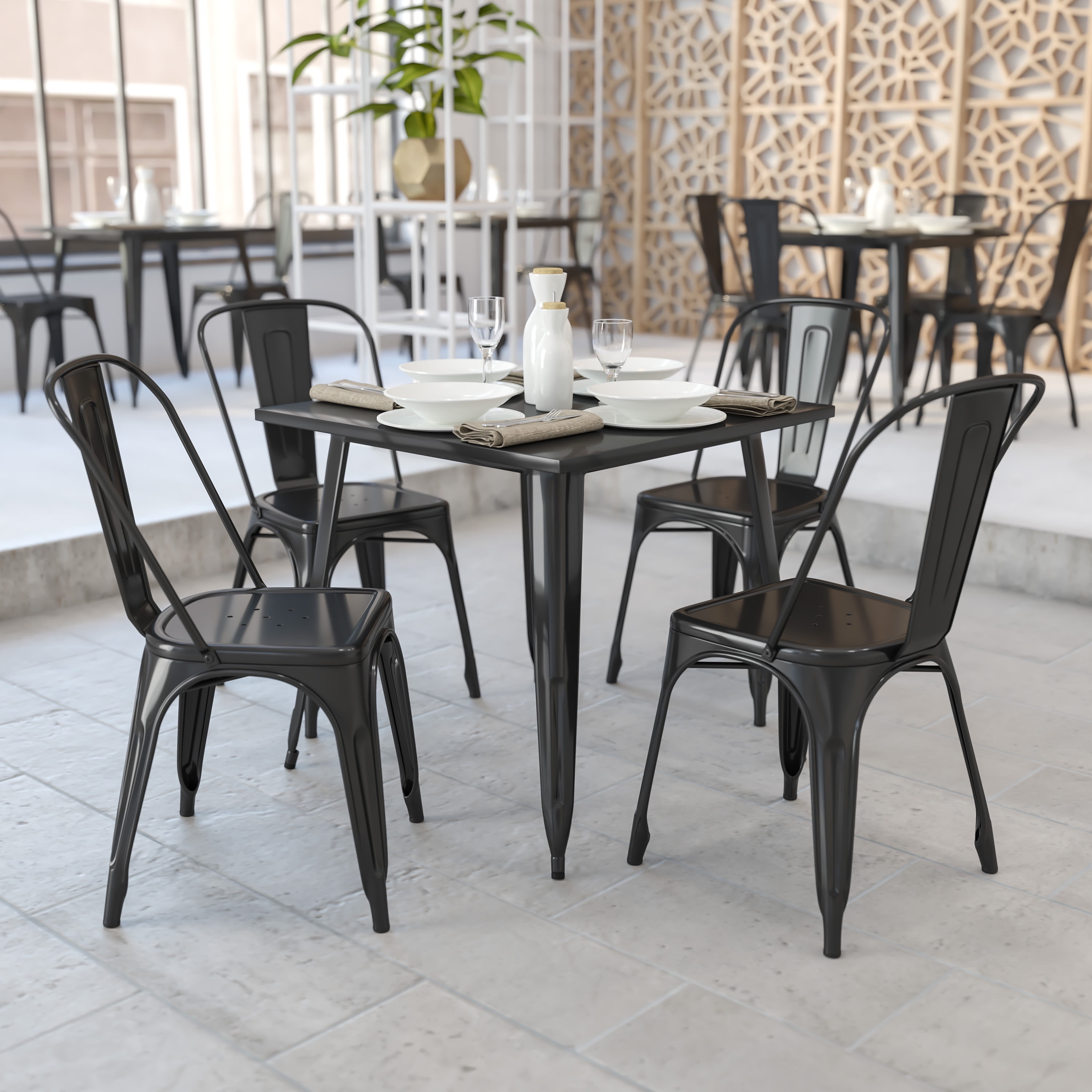 "BizChair Commercial Grade Dining Table, 31.75"" Square Black Metal for ...