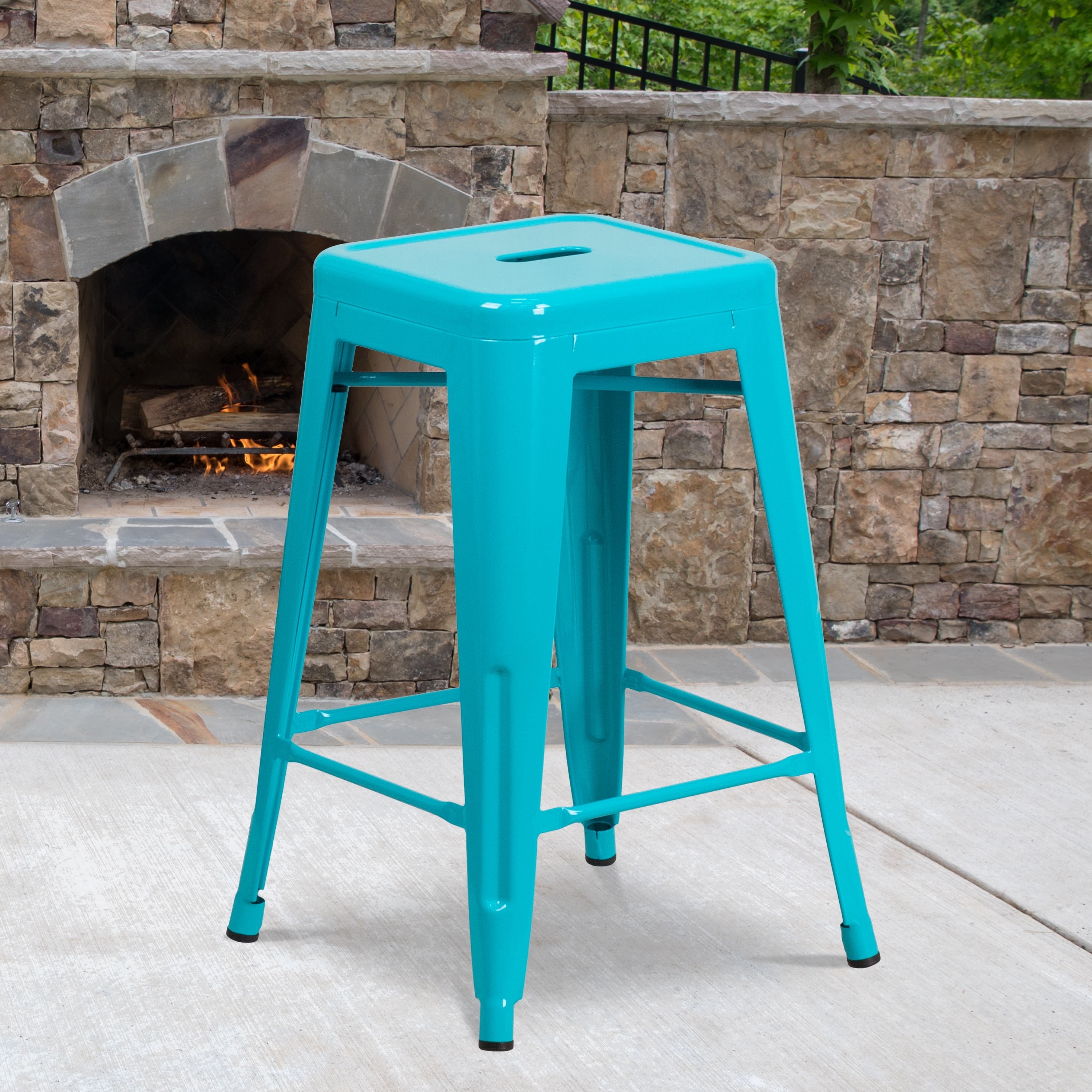 "BizChair 24"" High Backless Metal Stackable Patio Counter Stool, Teal ...