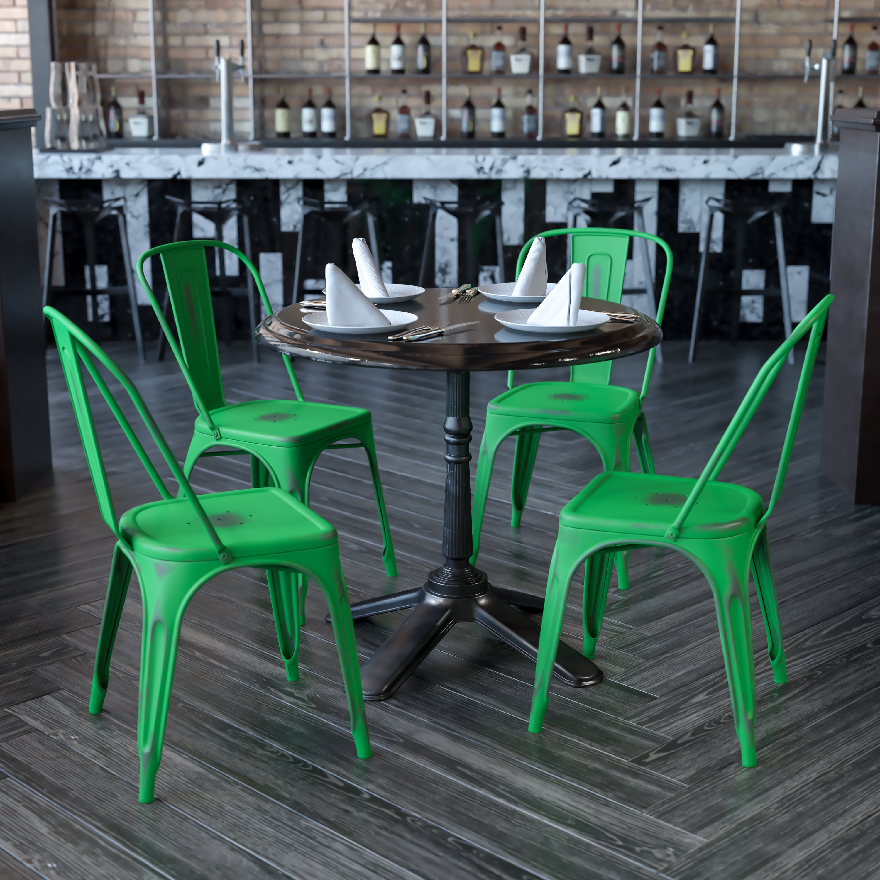 BizChair Commercial Grade 4 Pack Distressed Green Metal Indoor-Outdoor ...