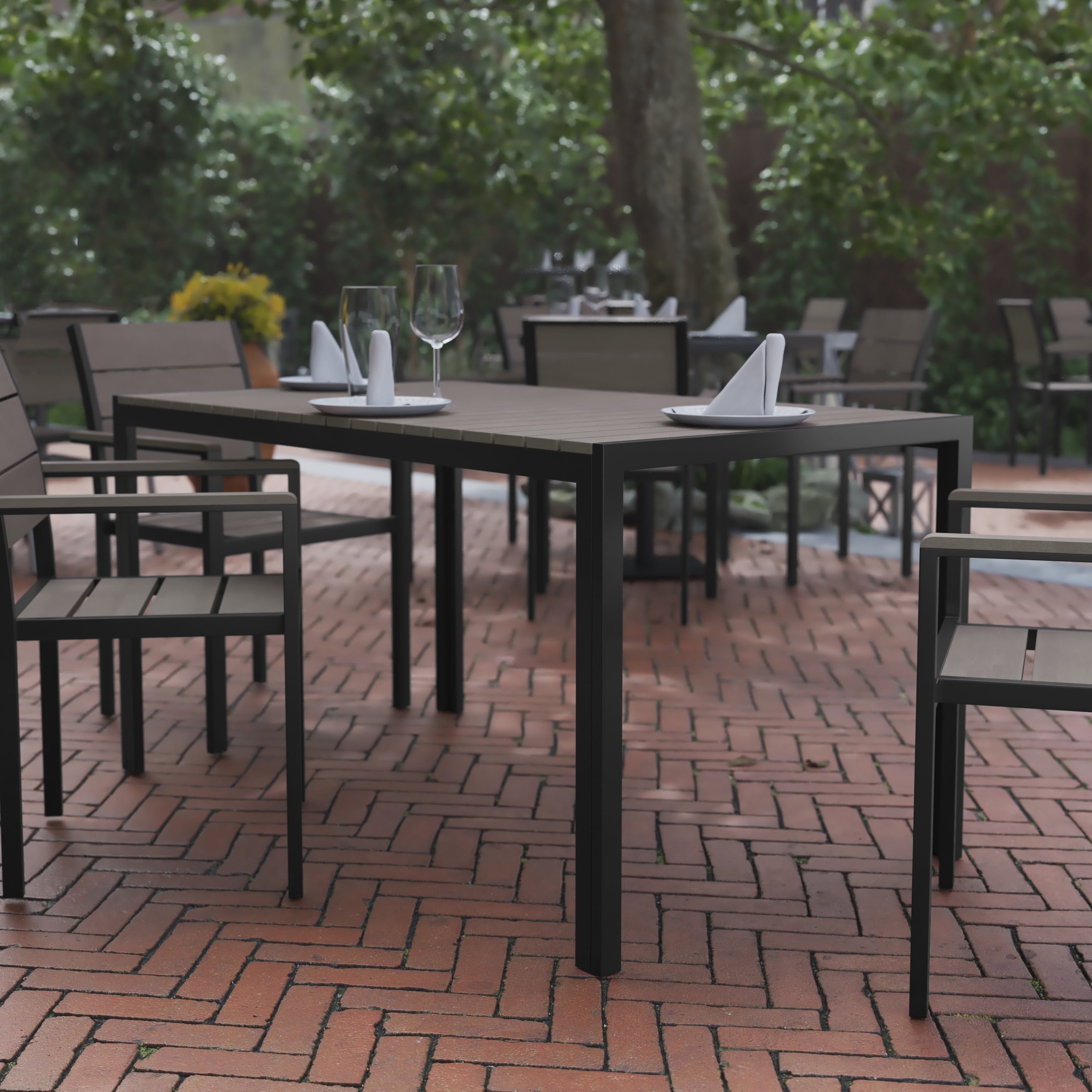 BizChair Commercial Grade Outdoor Dining Table 55" x 31" with Faux Teak ...