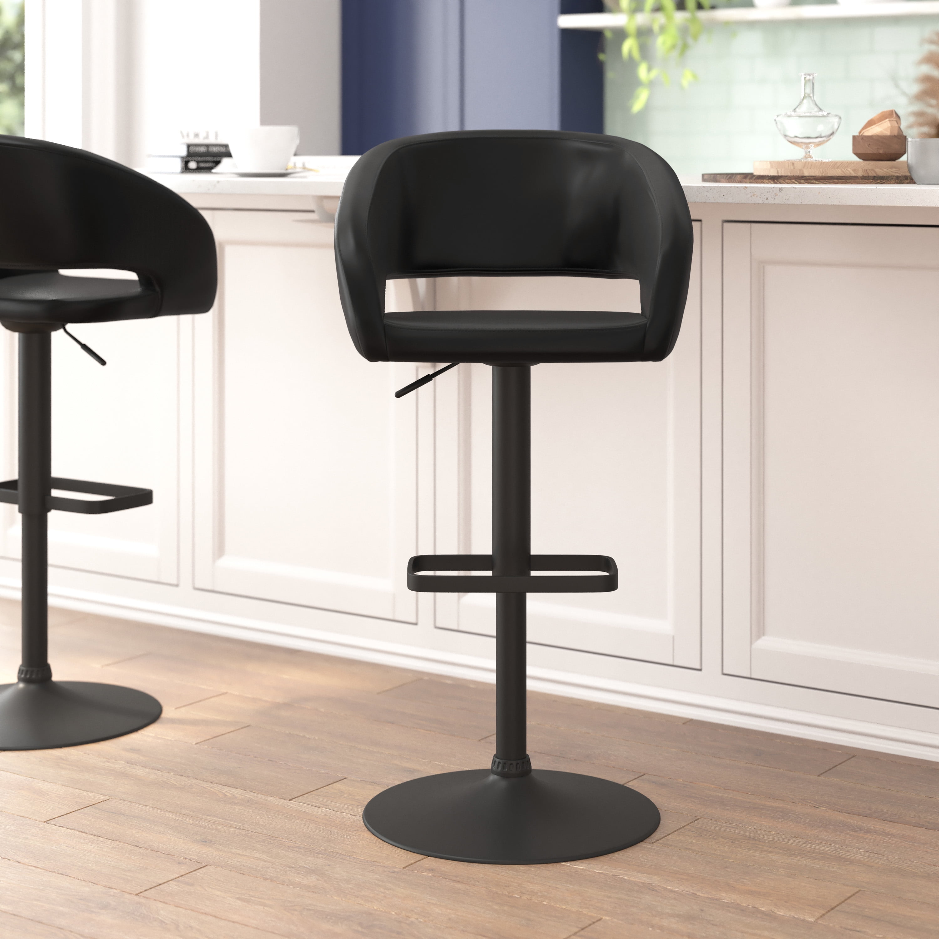 BizChair Contemporary Black Vinyl Adjustable Height Barstool with ...