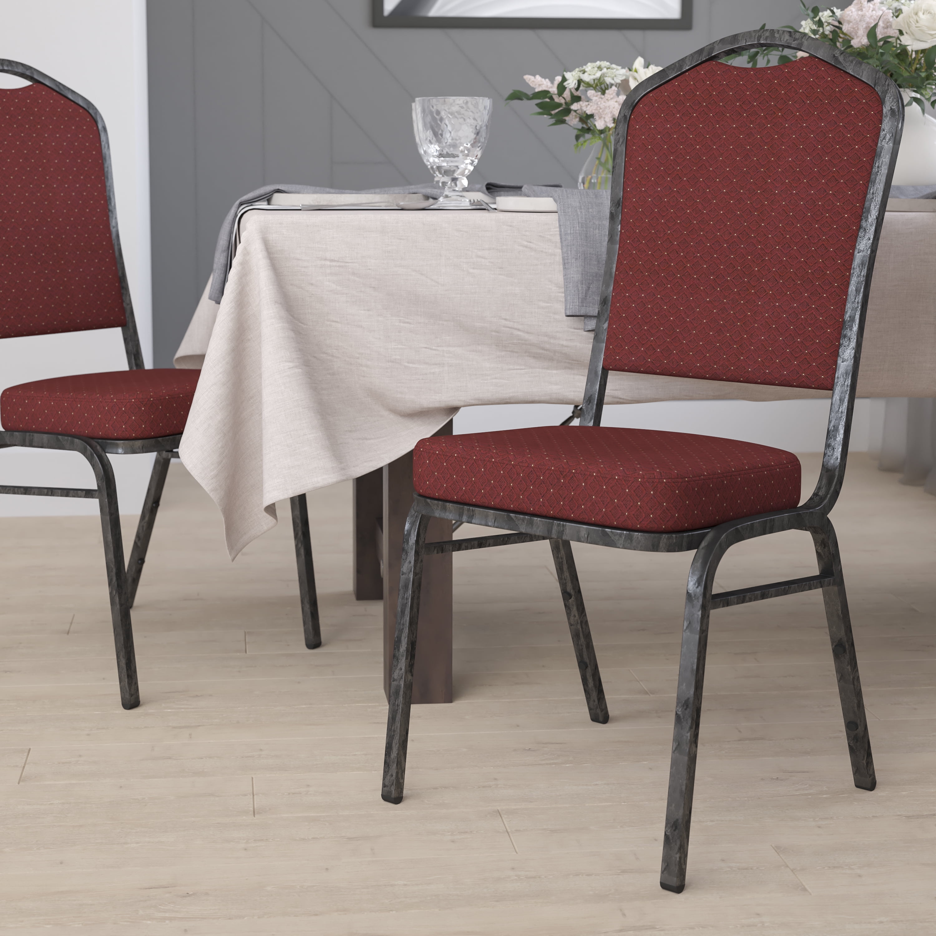 BizChair Crown Back Stacking Banquet Chair in Burgundy Patterned Fabric ...
