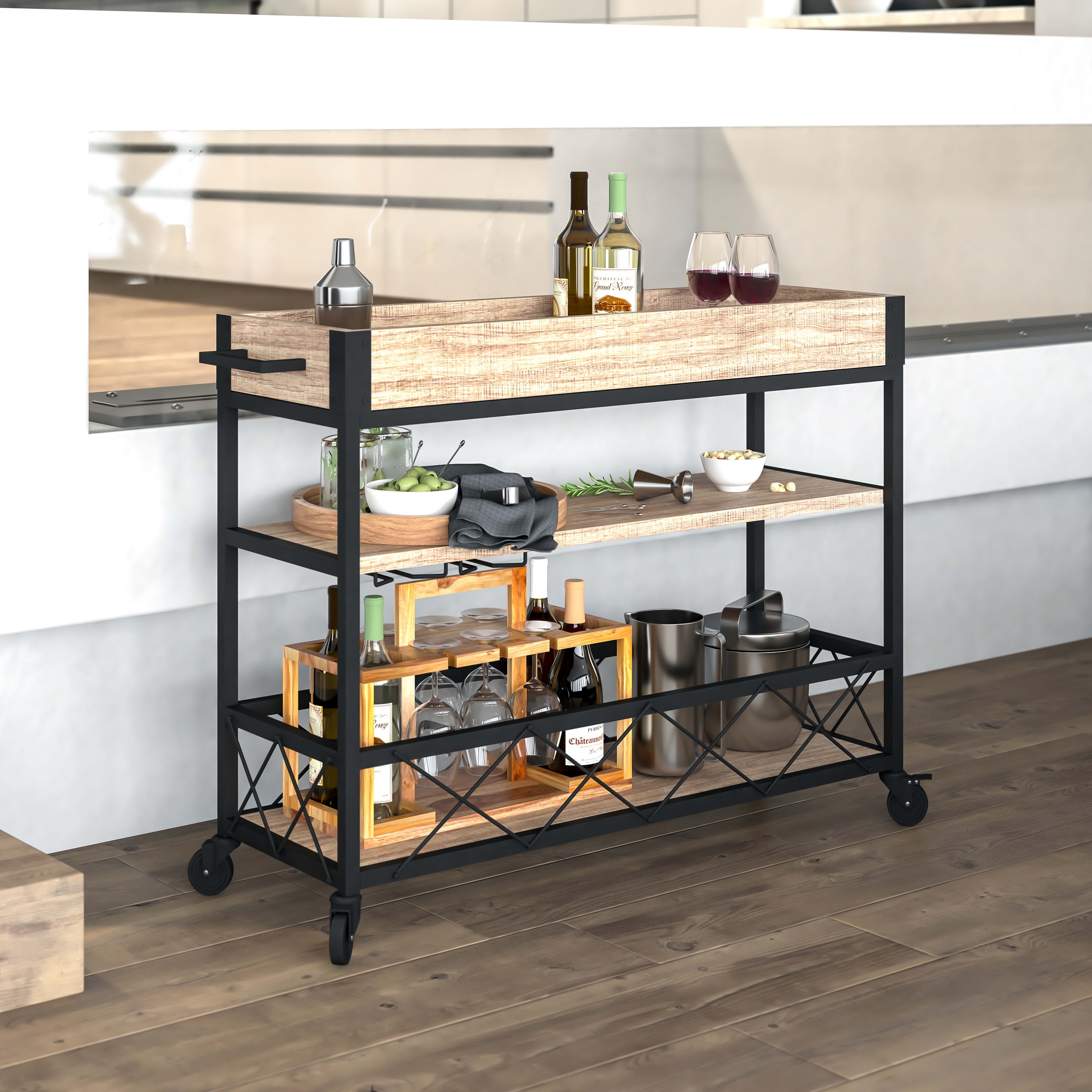 BizChair Distressed Light Oak Wood Kitchen Bar Cart with Stemware Rack ...