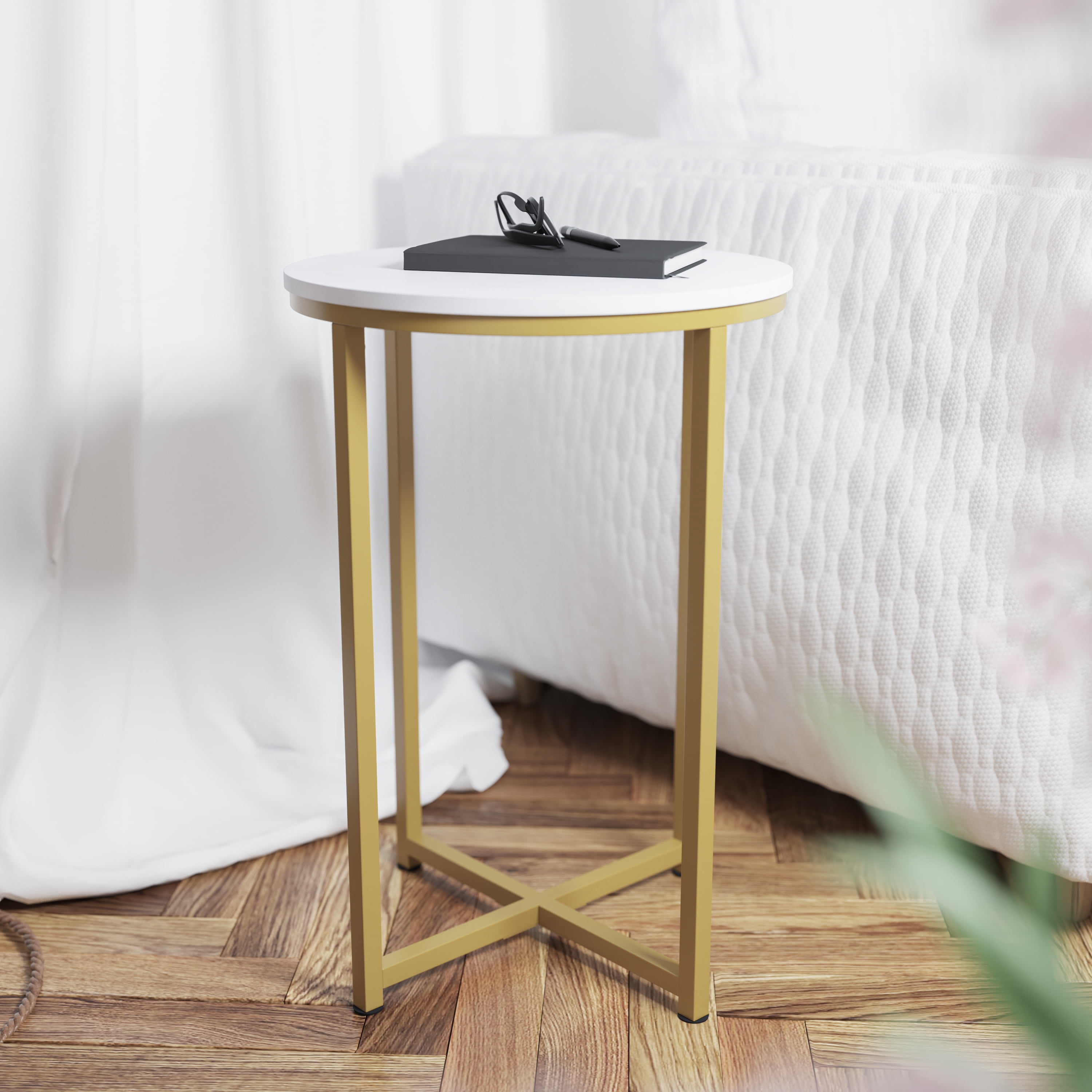 BizChair End Table - Modern White Finish Accent Table with Crisscross ...