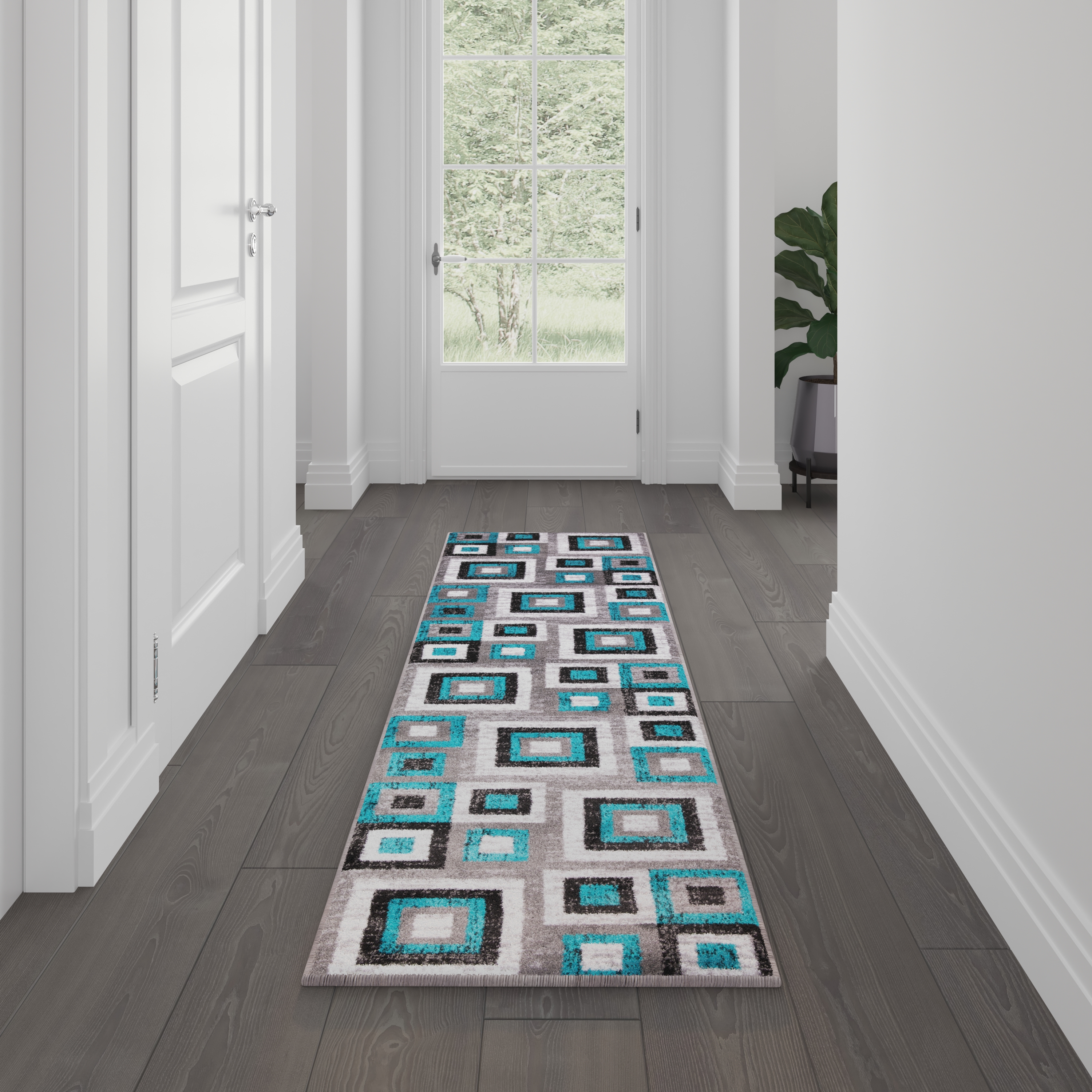 BizChair Geometric 2' x 7' Turquoise, Grey, and White Olefin Area Rug ...