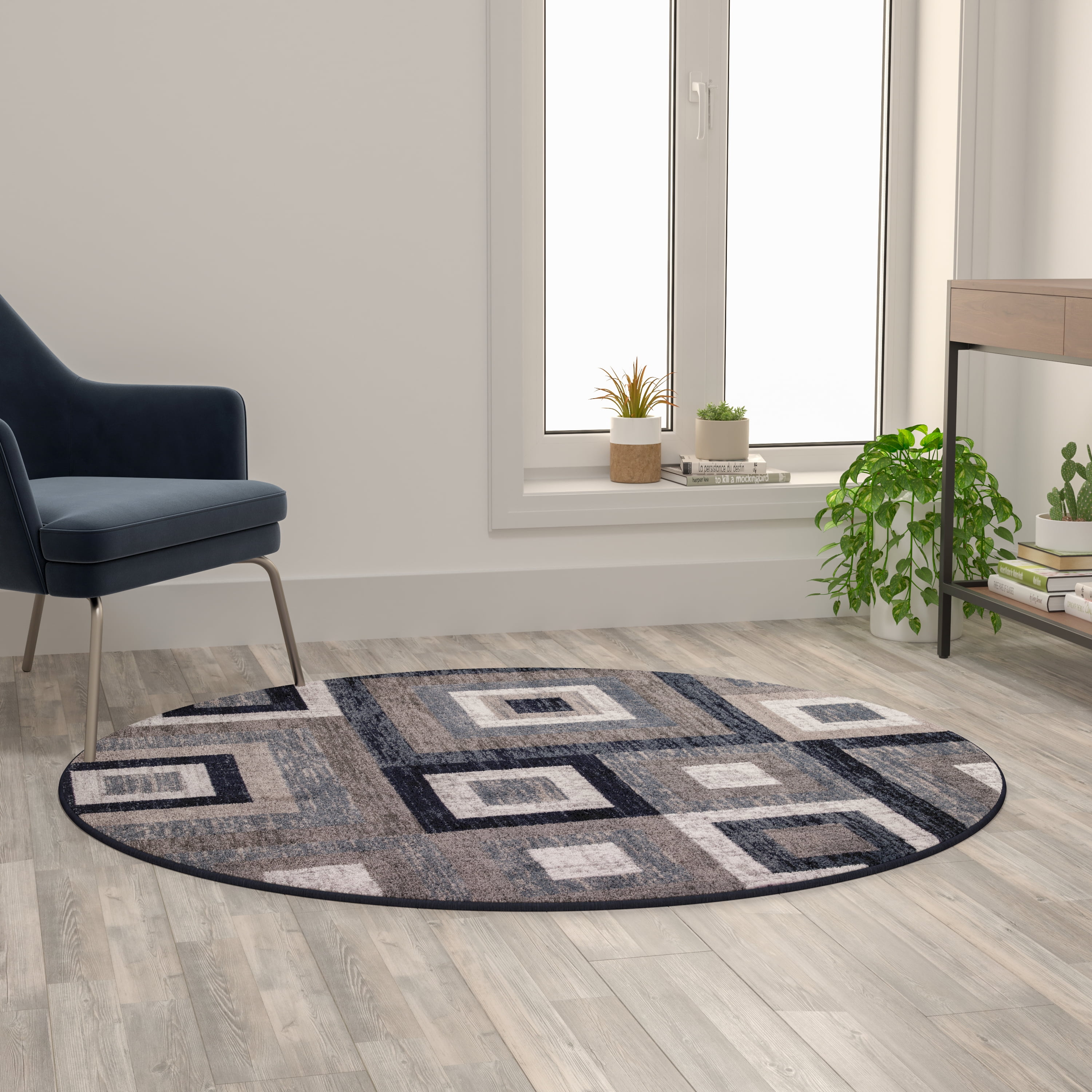 BizChair Geometric 5' x 5' Blue, Grey, and White Round Olefin Area Rug ...