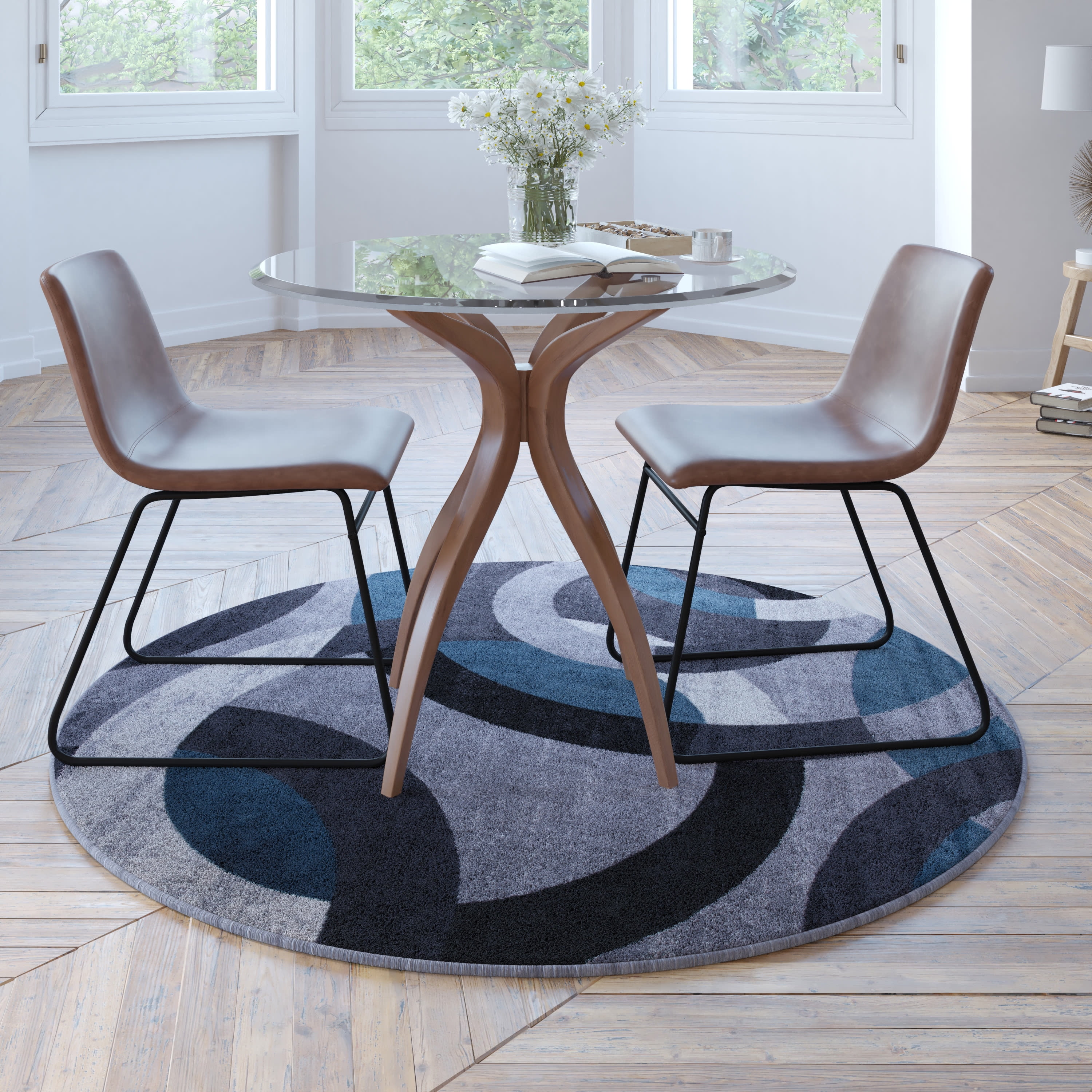BizChair Geometric 5' x 5' Blue and Gray Round Olefin Area Rug with ...