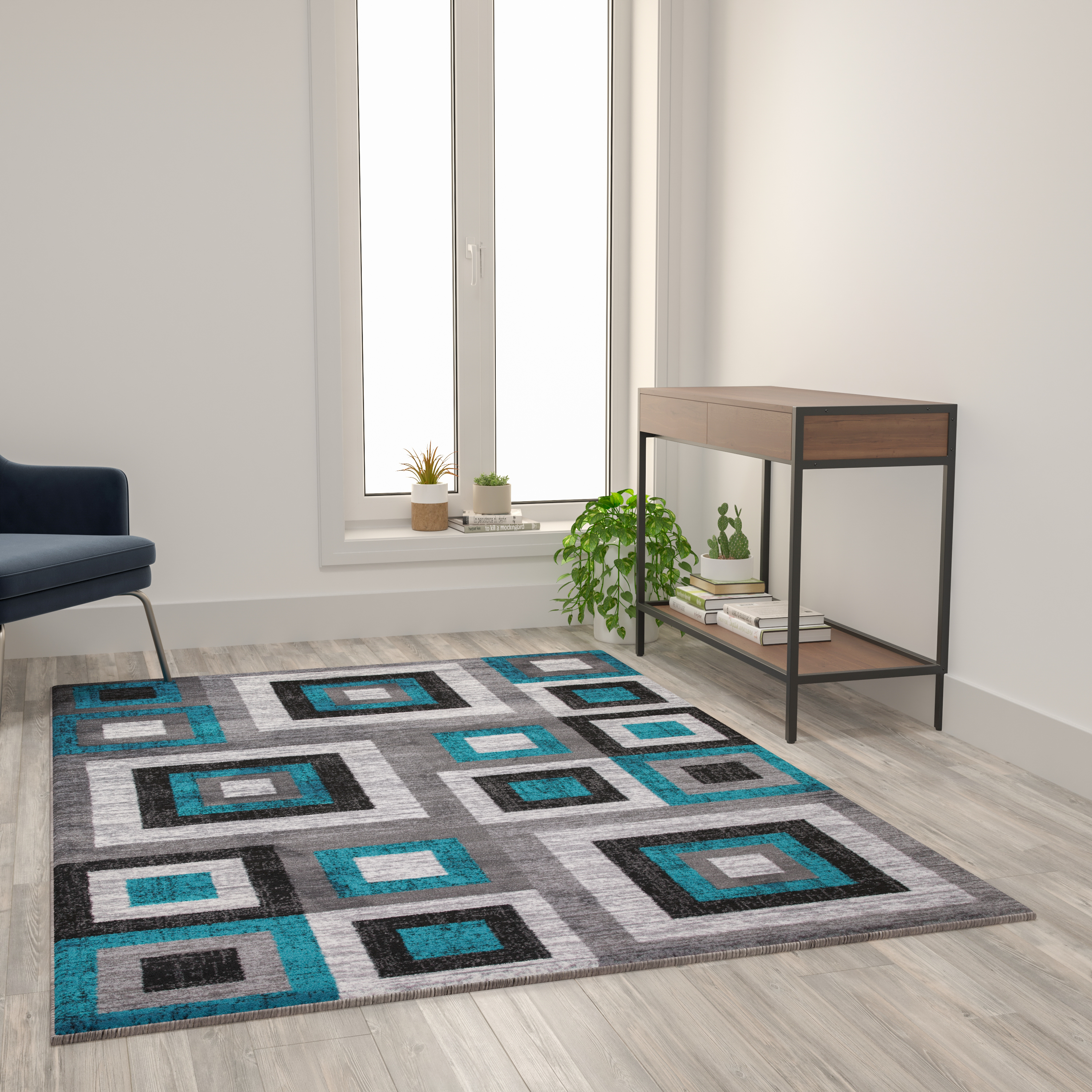 BizChair Geometric 5' x 7' Turquoise, Grey, and White Olefin Area Rug ...