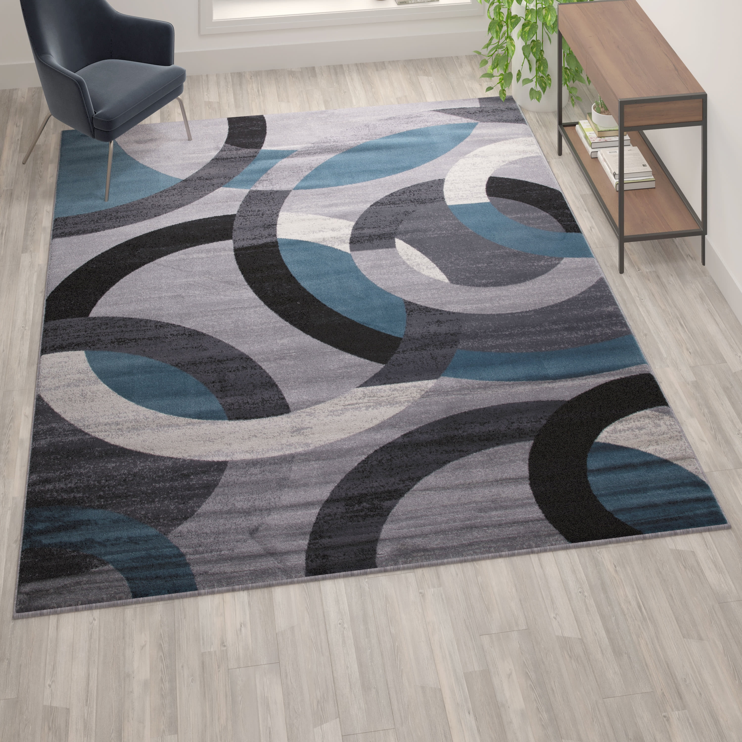 BizChair Geometric 8' x 10' Blue and Gray Olefin Area Rug with Jute ...