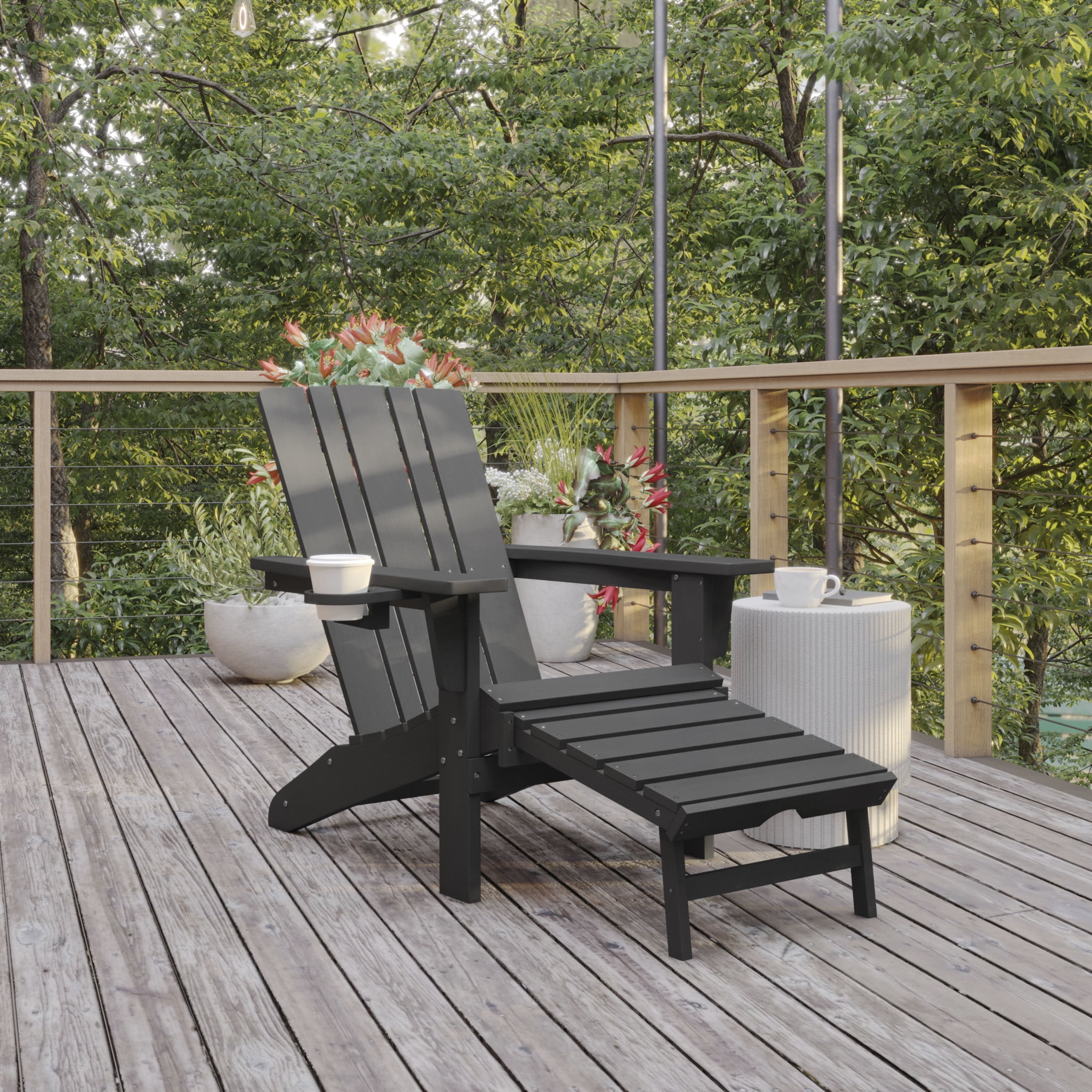 BizChair HDPE Adirondack Chair with Cup Holder and Pull Out Ottoman ...