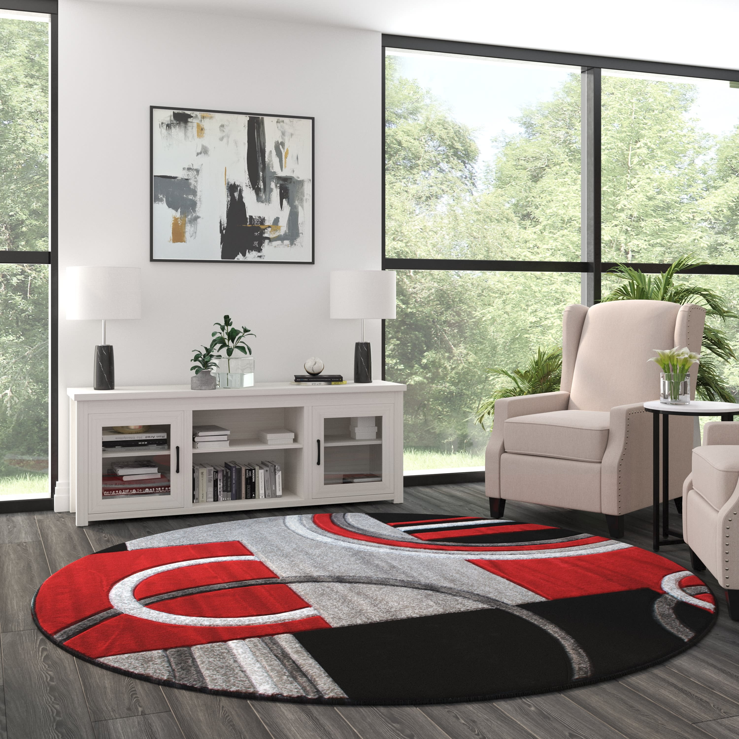 BizChair 8'x8' Hand Carved Modern Round Area Rug, Contemporary Design ...