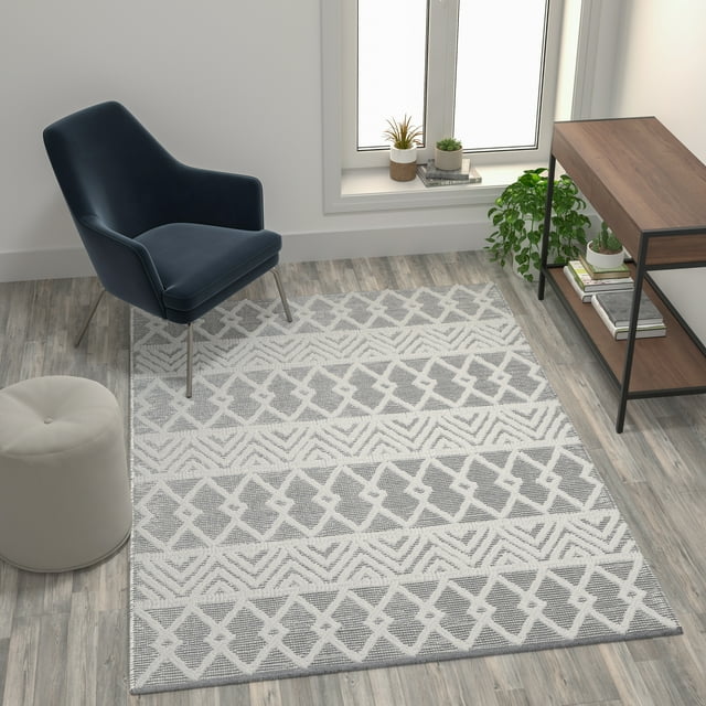 BizChair Indoor Geometric 5'x7' Area Rug - Hand Woven Gray Area Rug ...