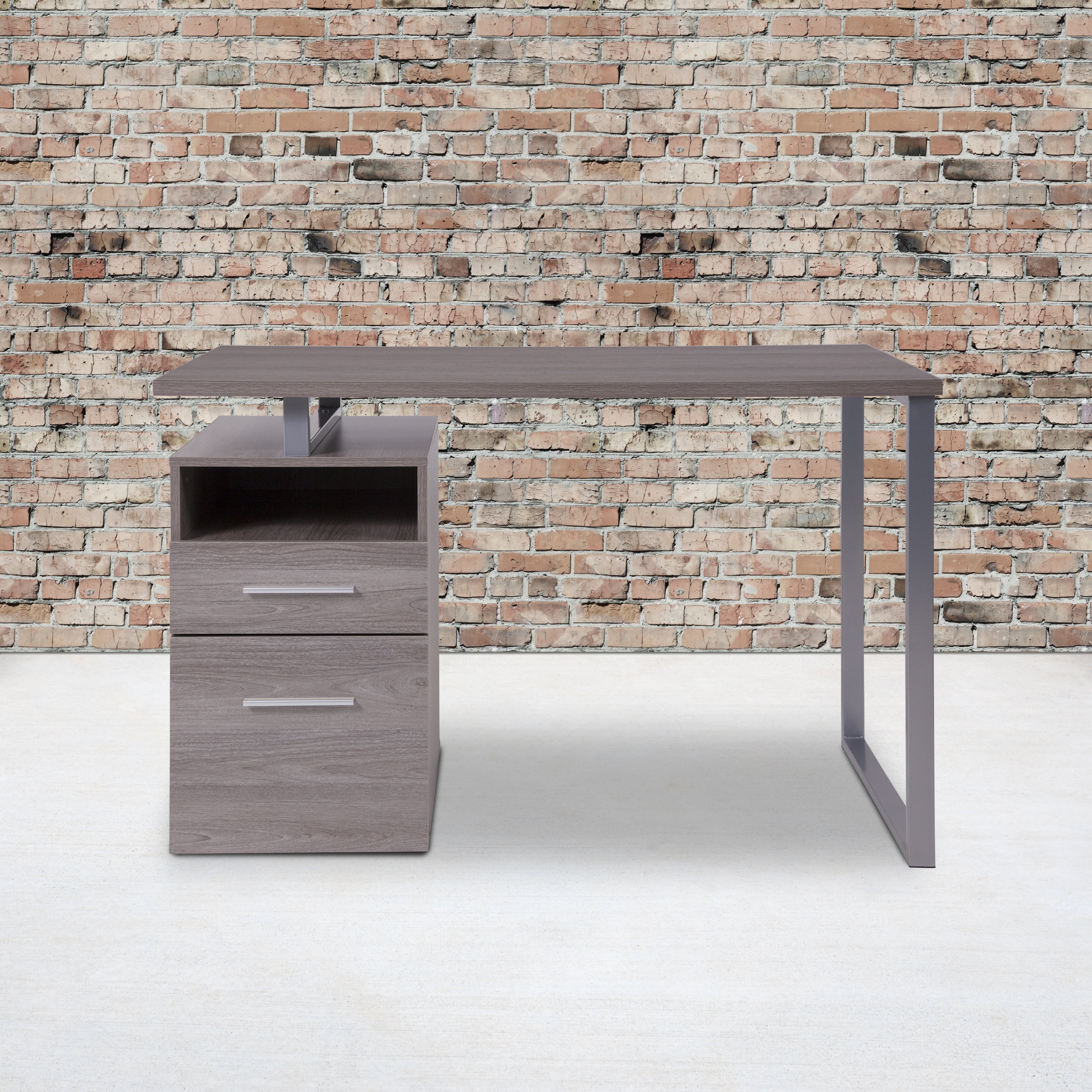 BizChair Light Ash Wood Grain Finish Computer Desk with Two Drawers and ...
