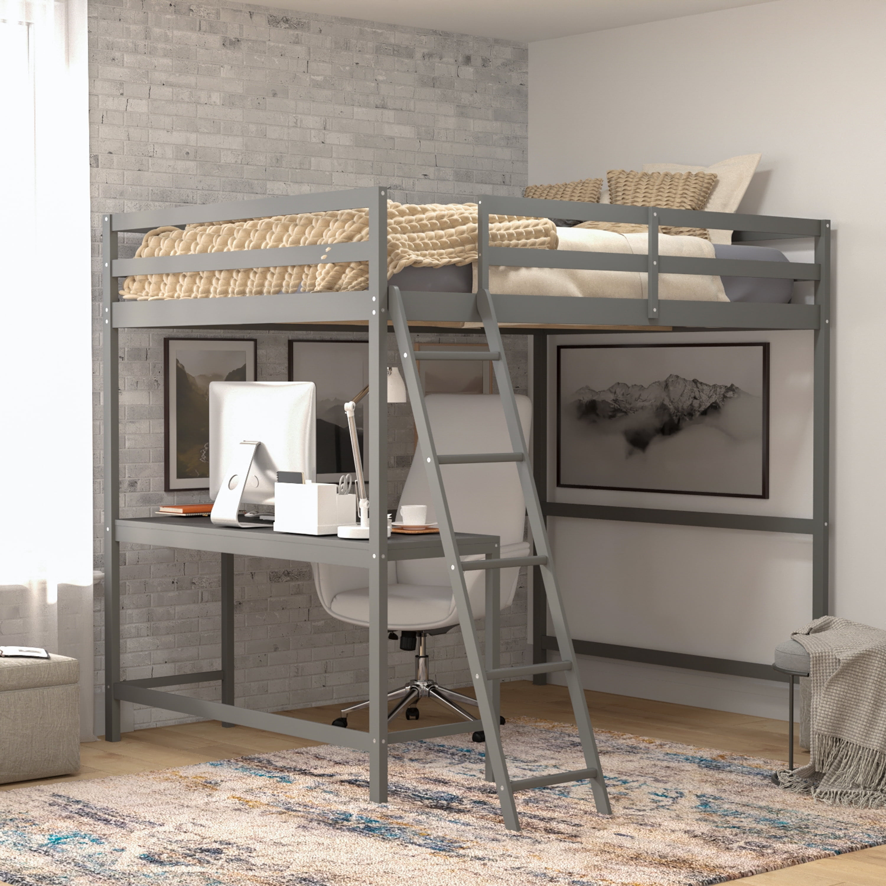 BizChair Loft Bed with Desk, Full Size, Guard Rails & Ladder for Teens ...