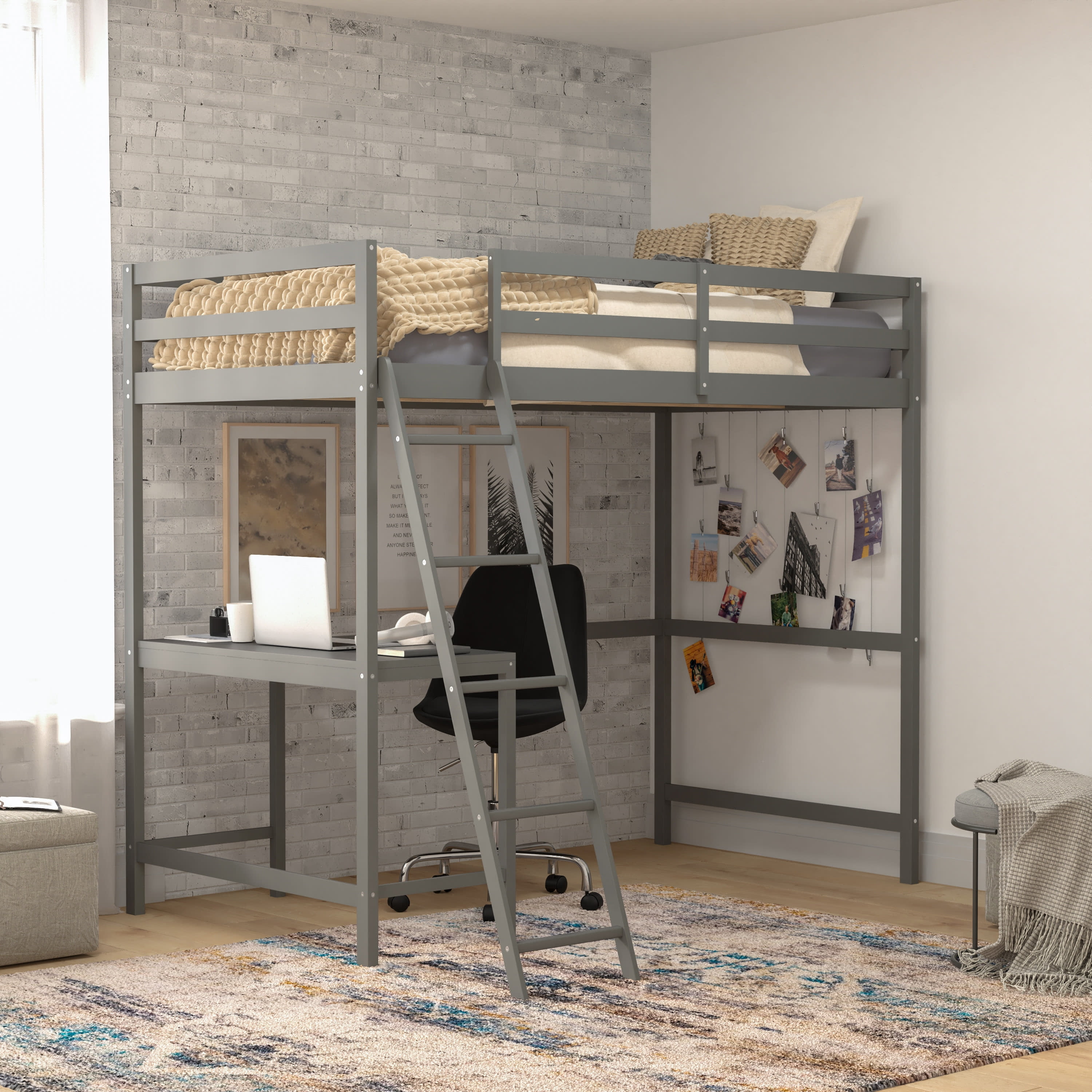 BizChair Loft Bed Frame with Desk, Twin, Guard Rails & Ladder for Kids ...