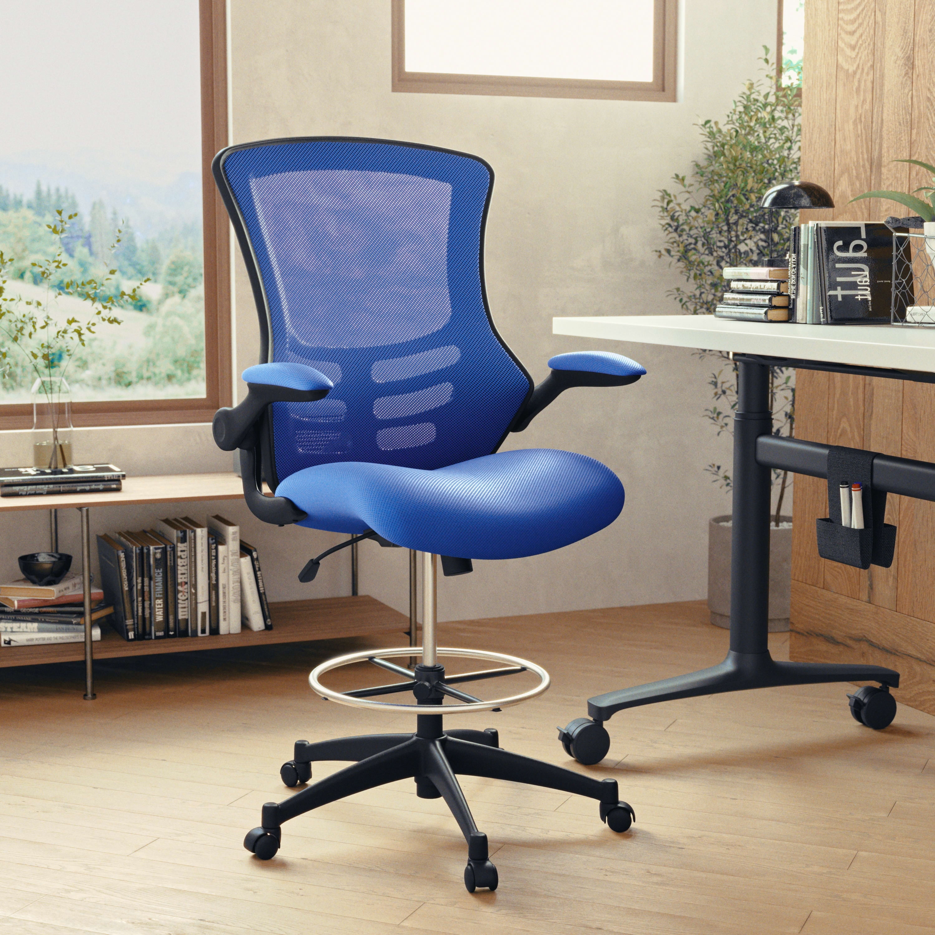 BizChair Mid-Back Blue Mesh Ergonomic Drafting Chair with Adjustable ...