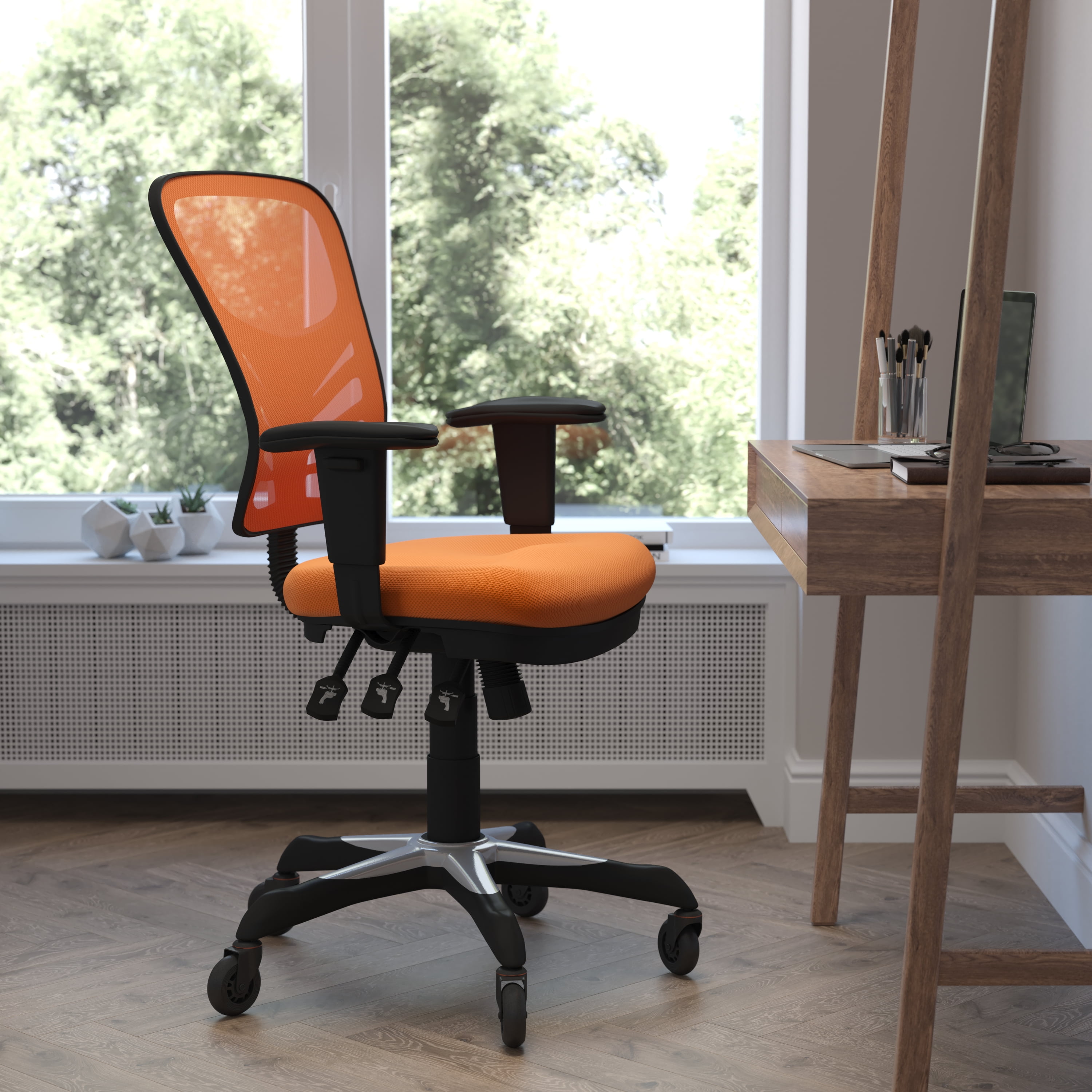 BizChair Mid-Back Orange Mesh Multifunction Executive Swivel Ergonomic ...