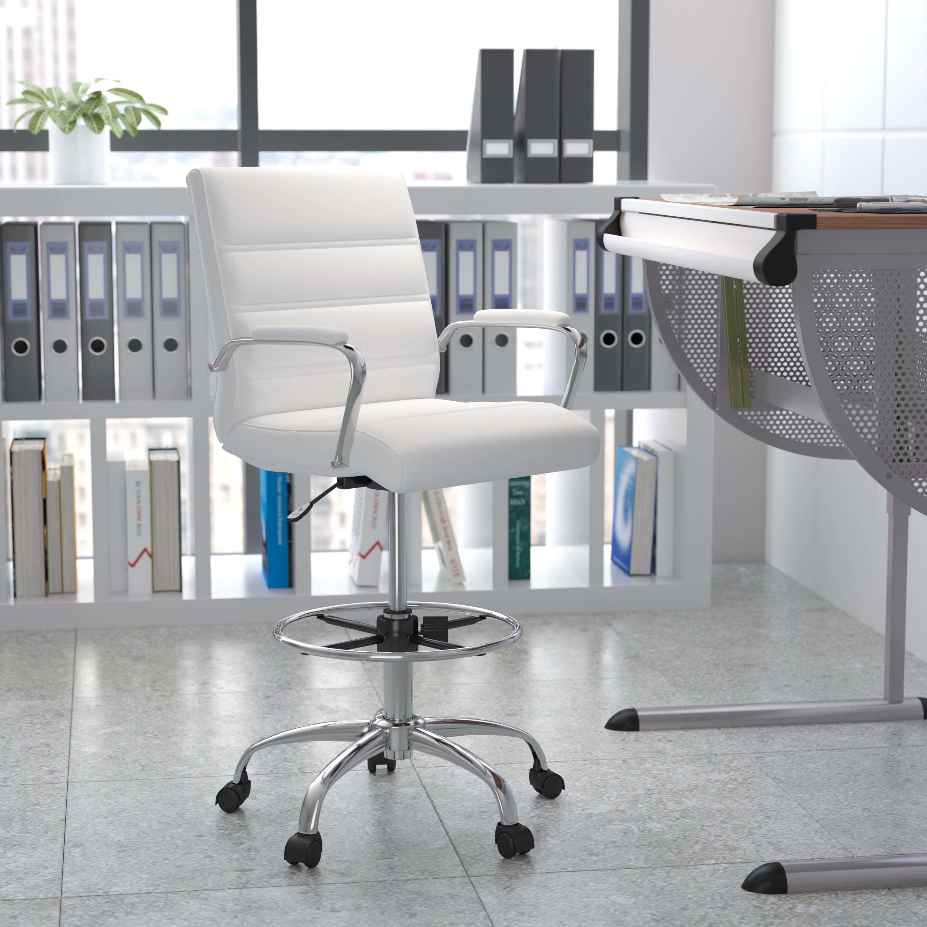 BizChair Mid-Back White LeatherSoft Drafting Chair with Adjustable Foot ...
