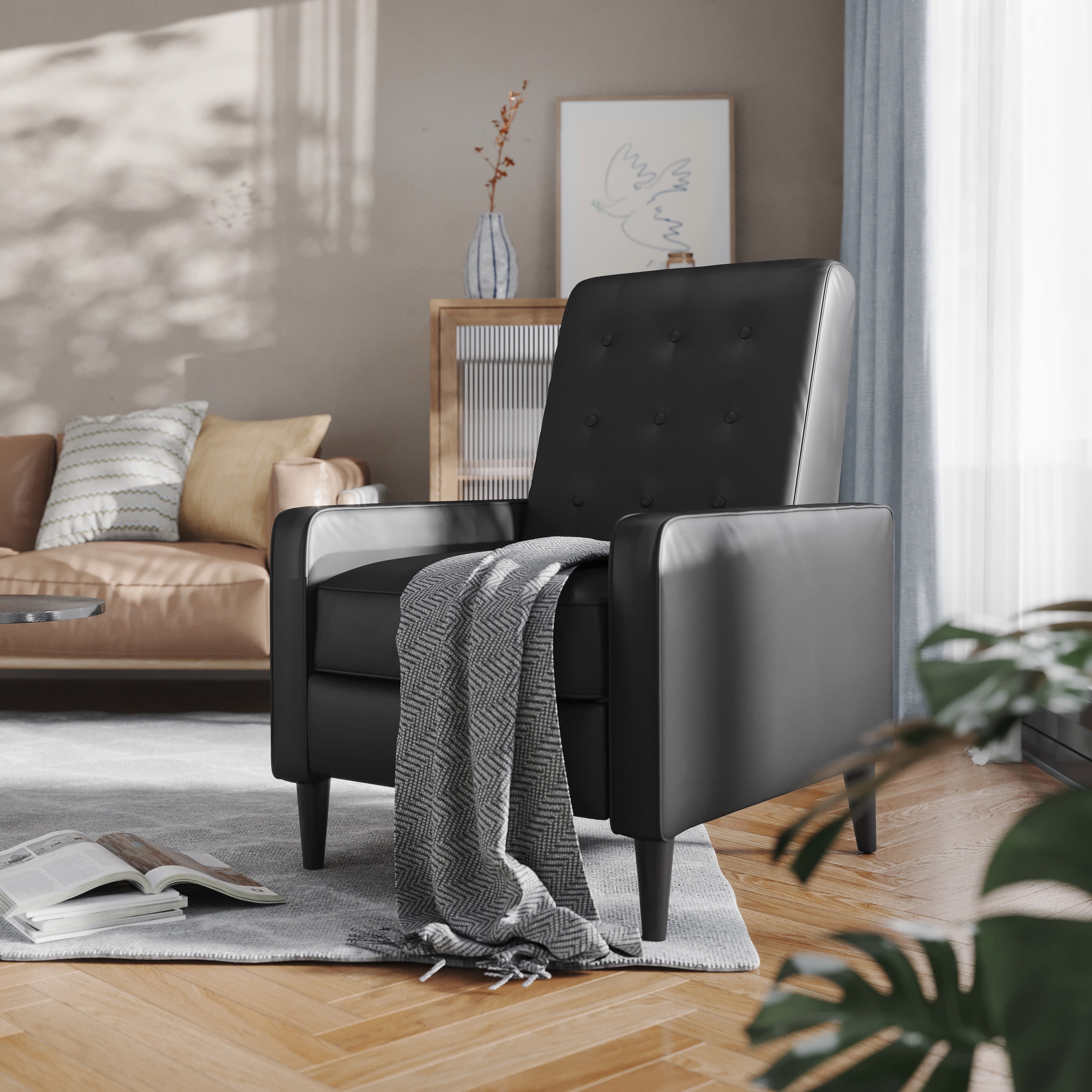 BizChair Mid-Century Modern LeatherSoft Upholstered Button Tufted ...