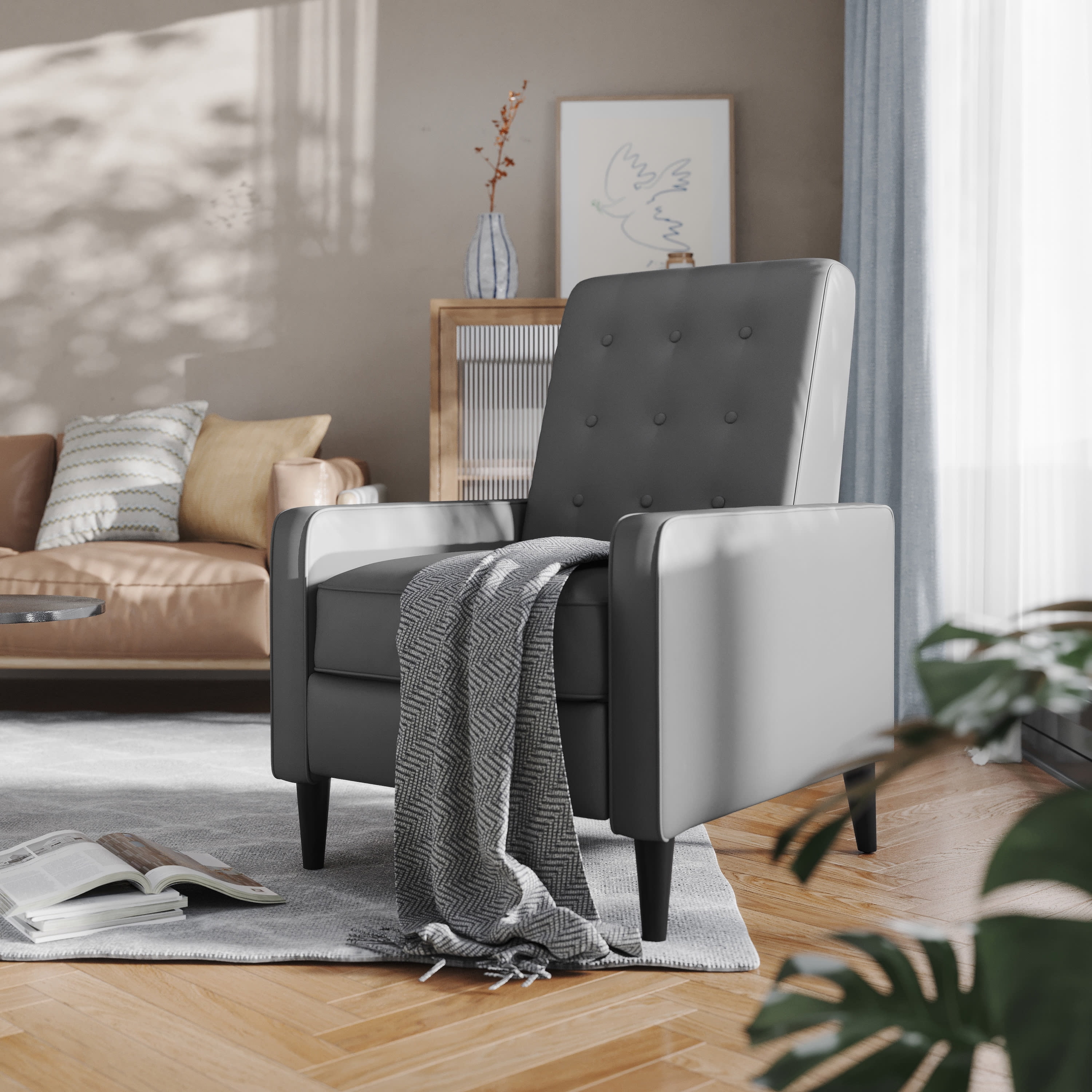 BizChair Mid-Century Modern LeatherSoft Upholstered Button Tufted ...