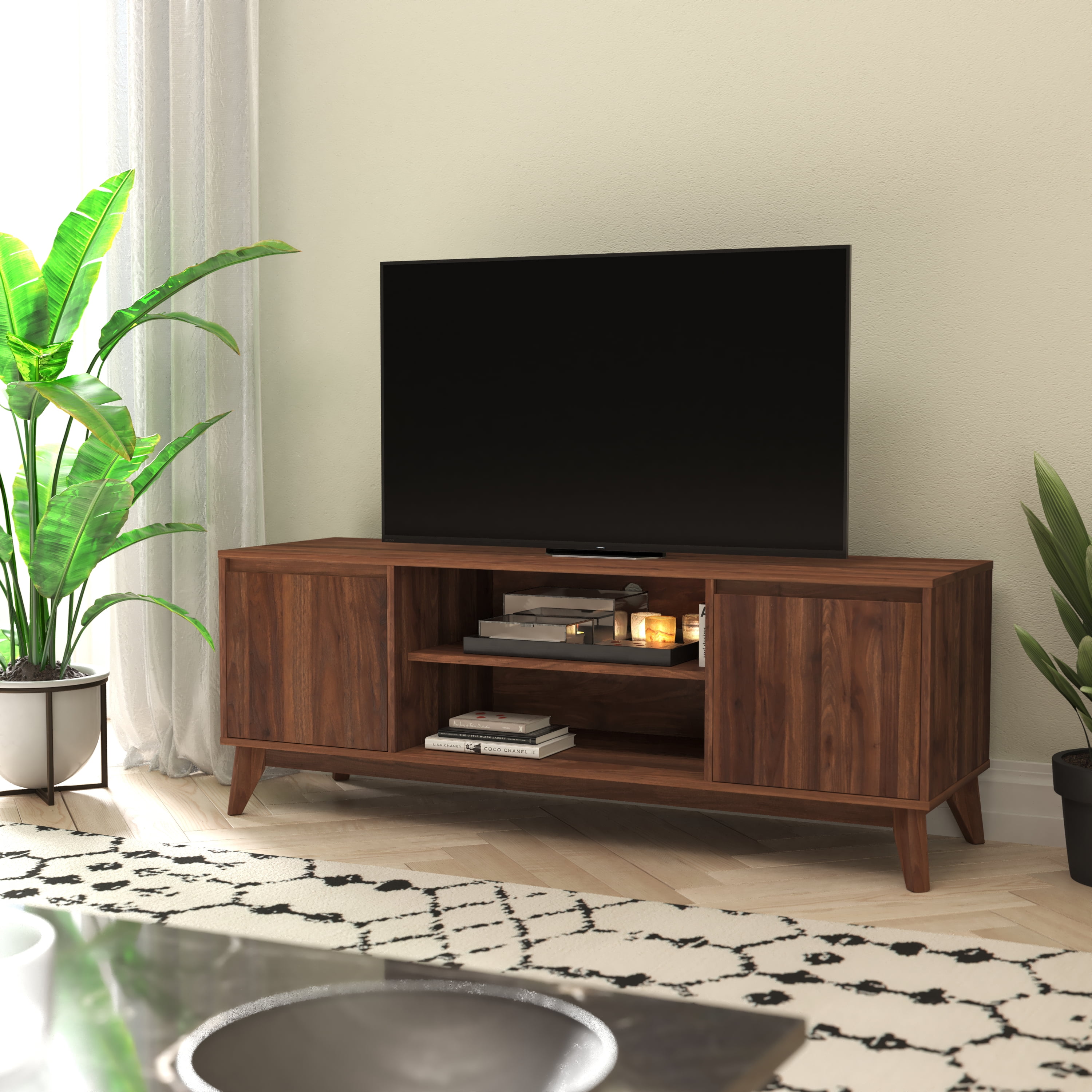 BizChair Mid-Century Modern TV Stand in Walnut for up to 64 inch TV's ...