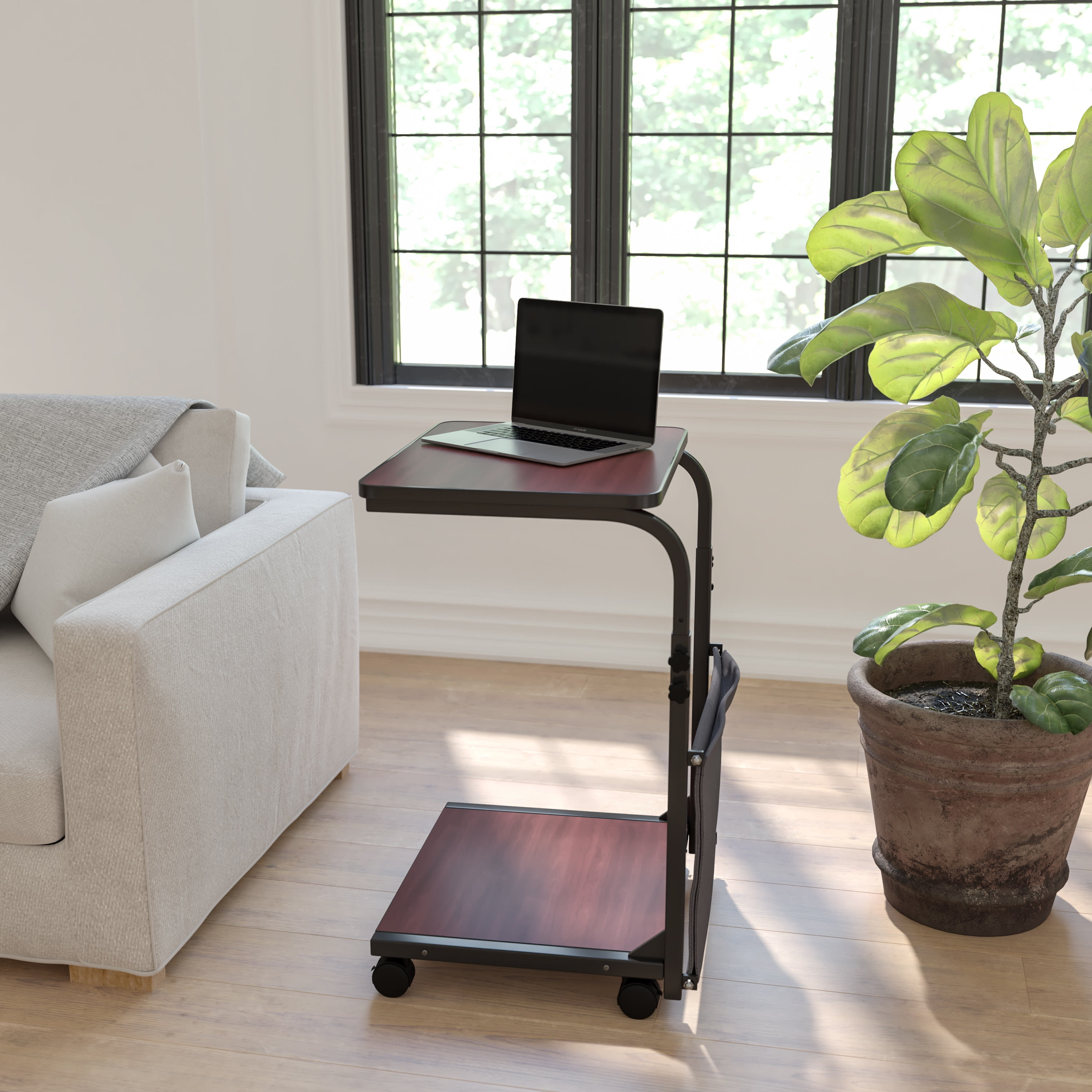 BizChair Mobile Sit-Down, Stand-Up Mahogany Computer Ergonomic Desk ...