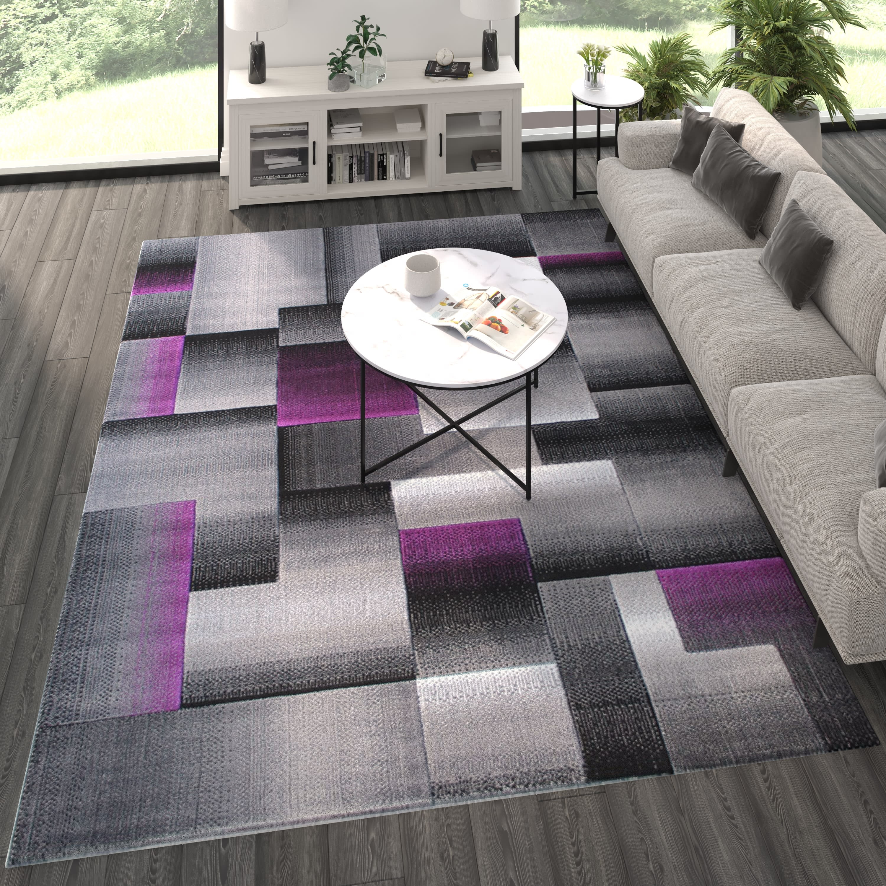 BizChair Modern Contemporary Area Rug, Purple Grey Black (8 Feet X 10 ...