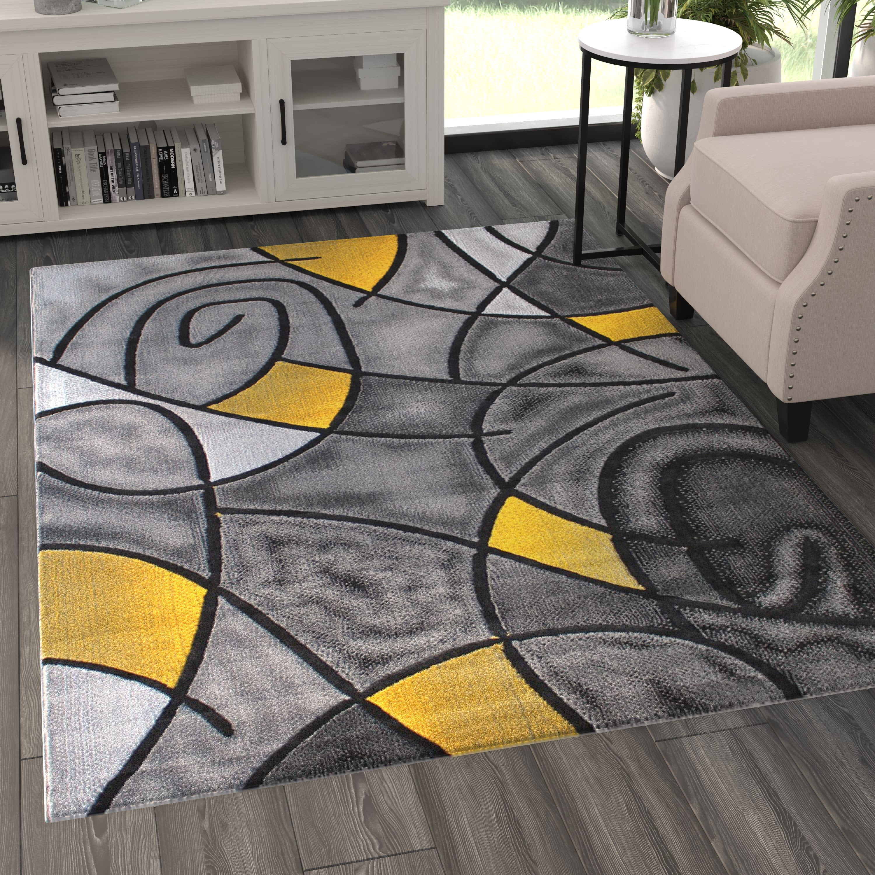 BizChair Modern Contemporary Area Rug, Yellow Grey Black, 5'x7 ...